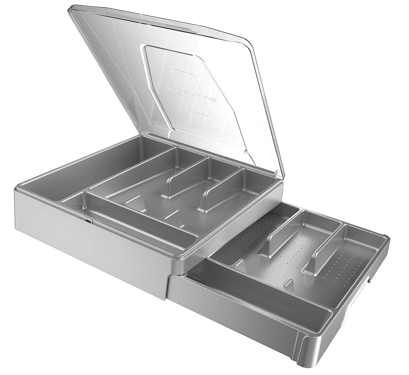 FREEAMG Dual-Tier Silverware Organizer with Cover, Gray Utensil Storage ...