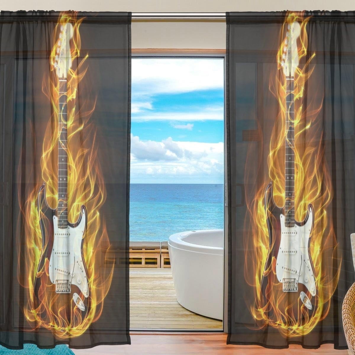 FREEAMG Electric Guitar in Fire Sheer Window Curtain Panel Drape 55x84 ...
