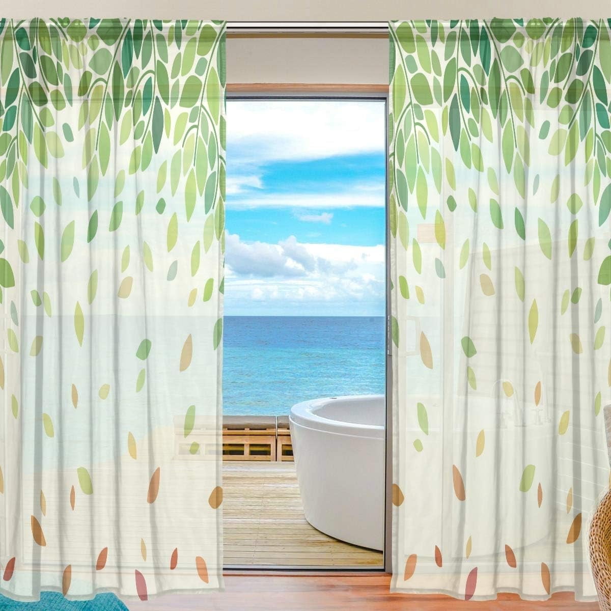 FREEAMG Falling Leaves Green Sheer Curtains Window Voile Panels Drapes ...
