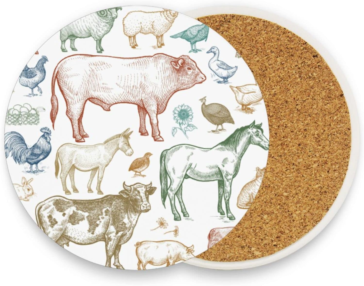 FREEAMG Farm Animals Print Coasters for Drinks Set of 2, Absorbent ...
