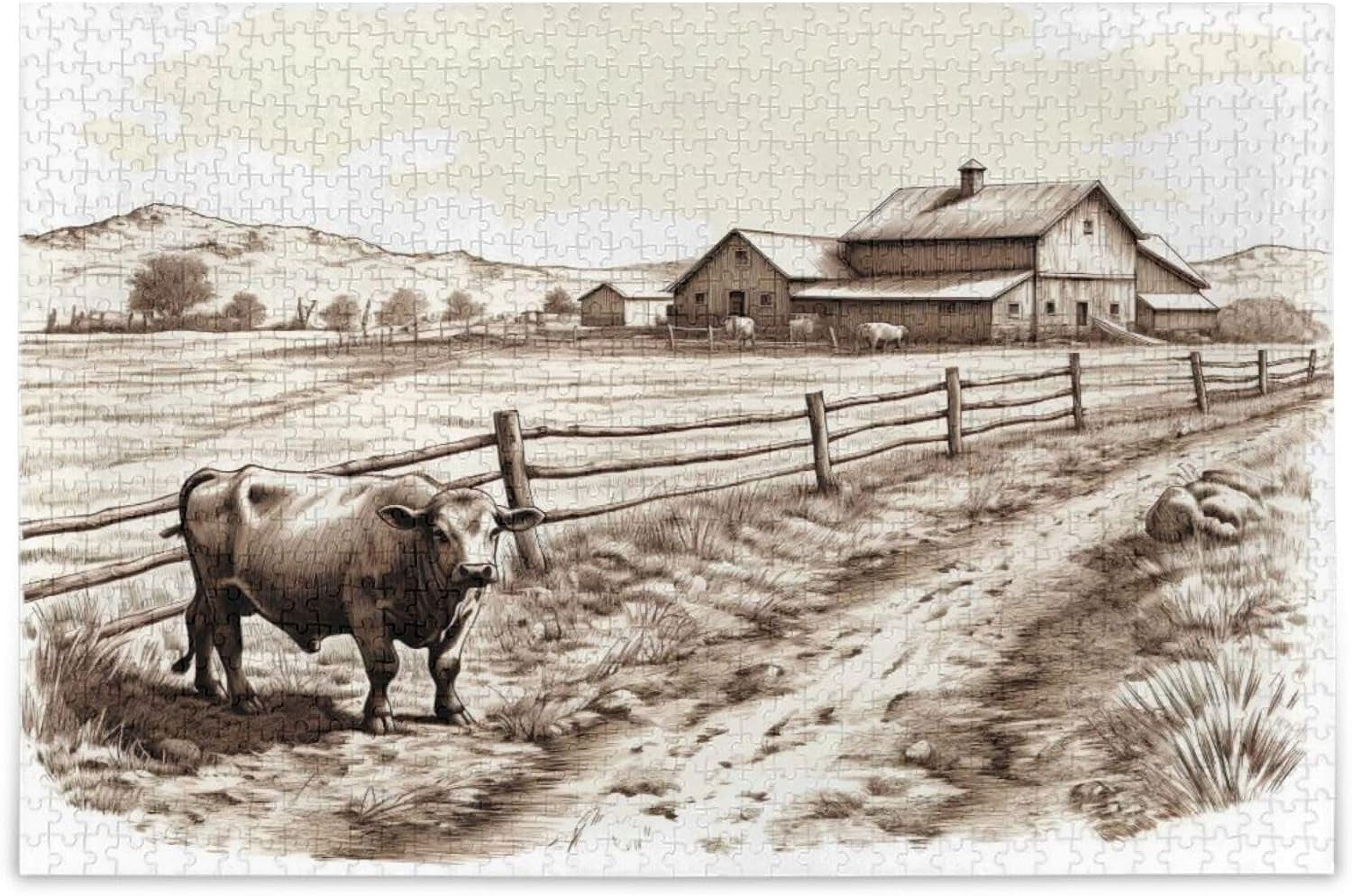FREEAMG Farm Cow Sketch Puzzle for Children Adult 1000 Piece Jigsaw ...