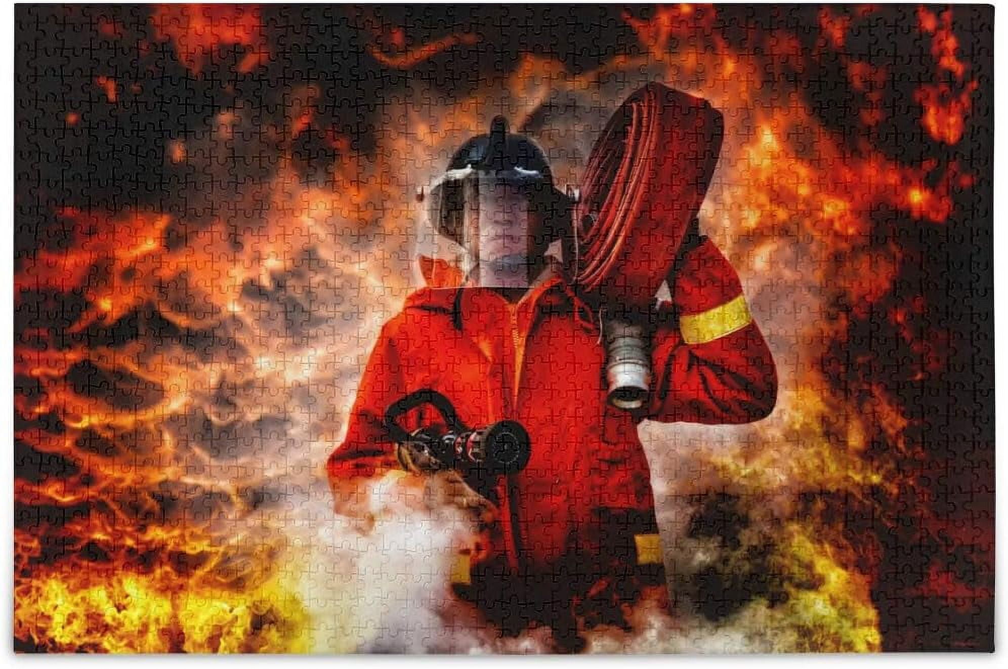 FREEAMG Fireman Firefighter with Fire Hose Fighting Fire Flame Burning ...
