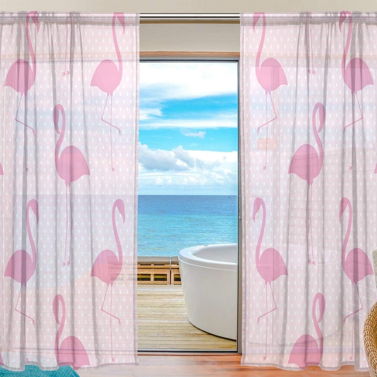 FREEAMG Flamingo On Pink Polka Dots Sheer Curtains Window Voile Panels ...