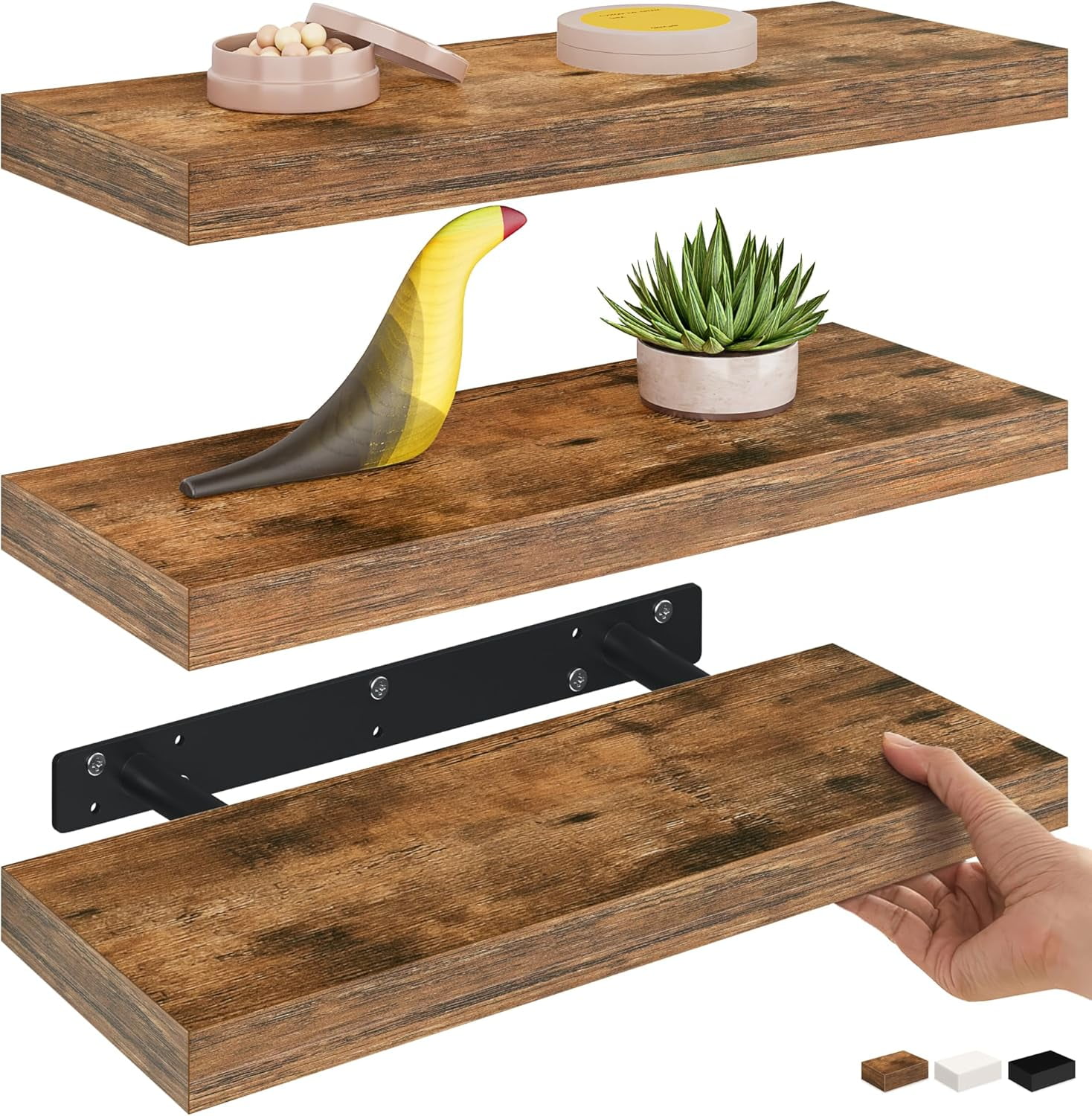 FREEAMG Floating Shelves, 16" Wood Wall Shelf Set of 3, Invisible Brackets Floating Shelf for ...