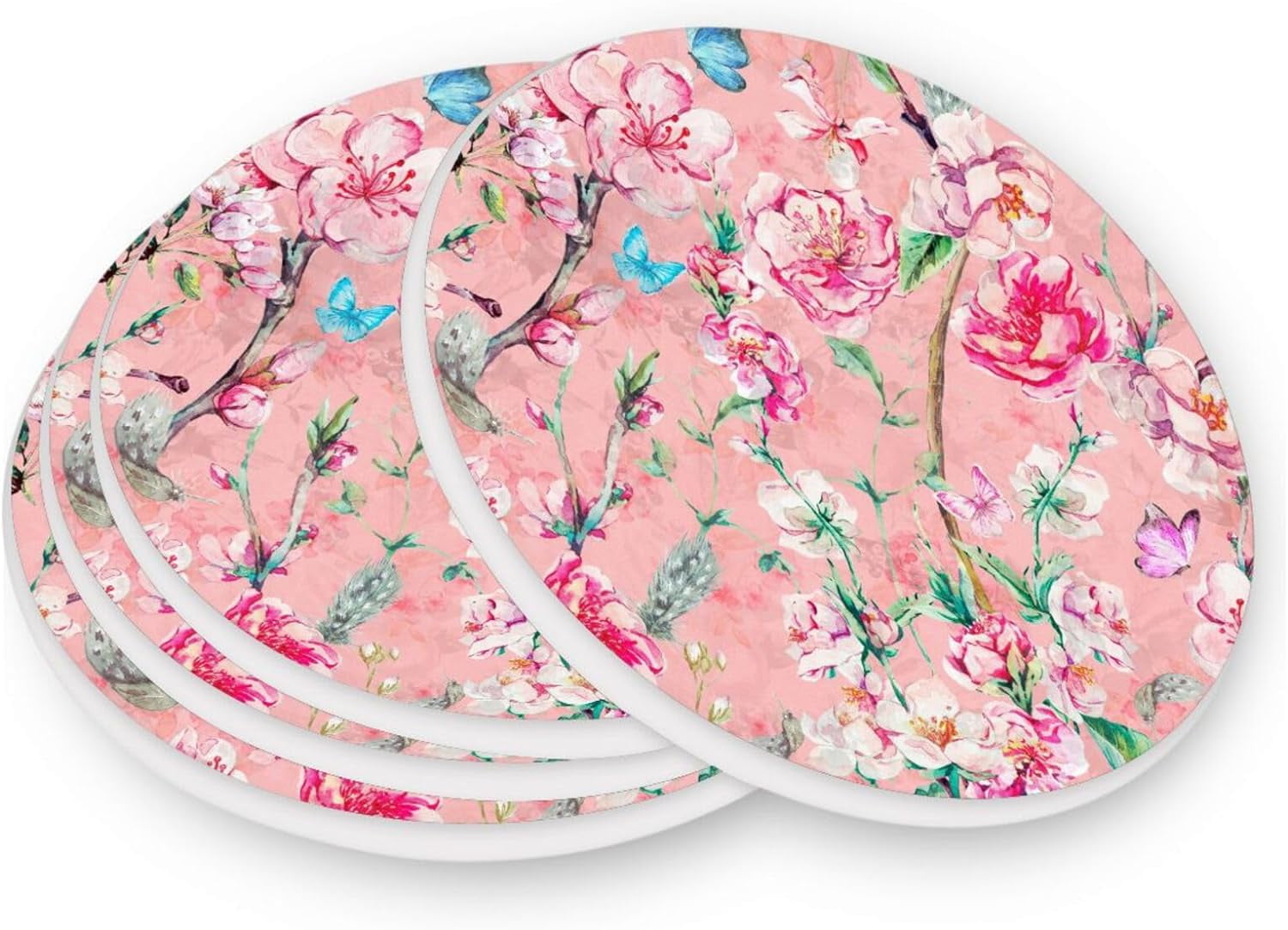 FREEAMG Flower Pink Coasters for Drinks Set of 4, Absorbent Ceramic ...