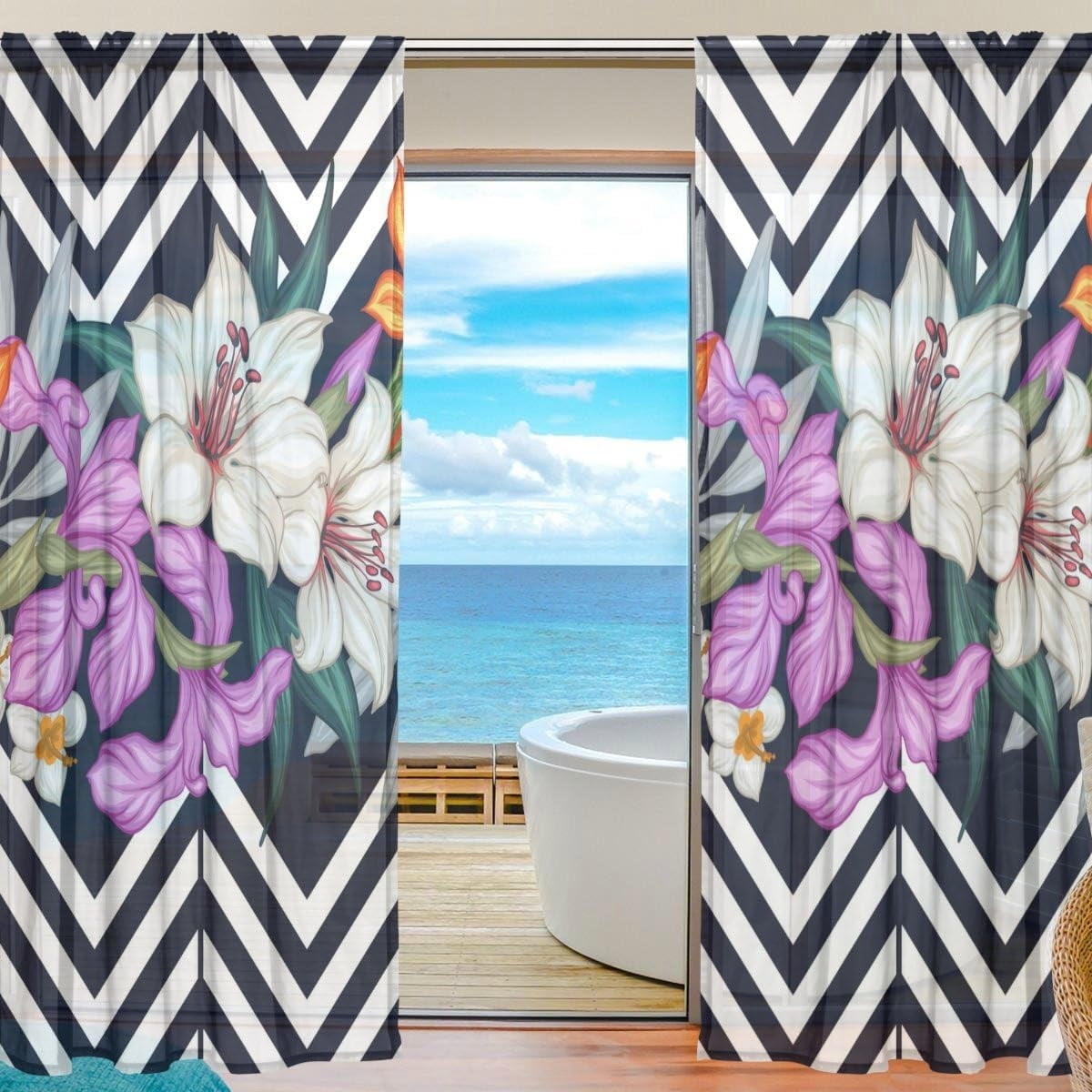 FREEAMG Flowers Wreath Sheer Window Curtain Panel Drape 55x84 Inch for ...