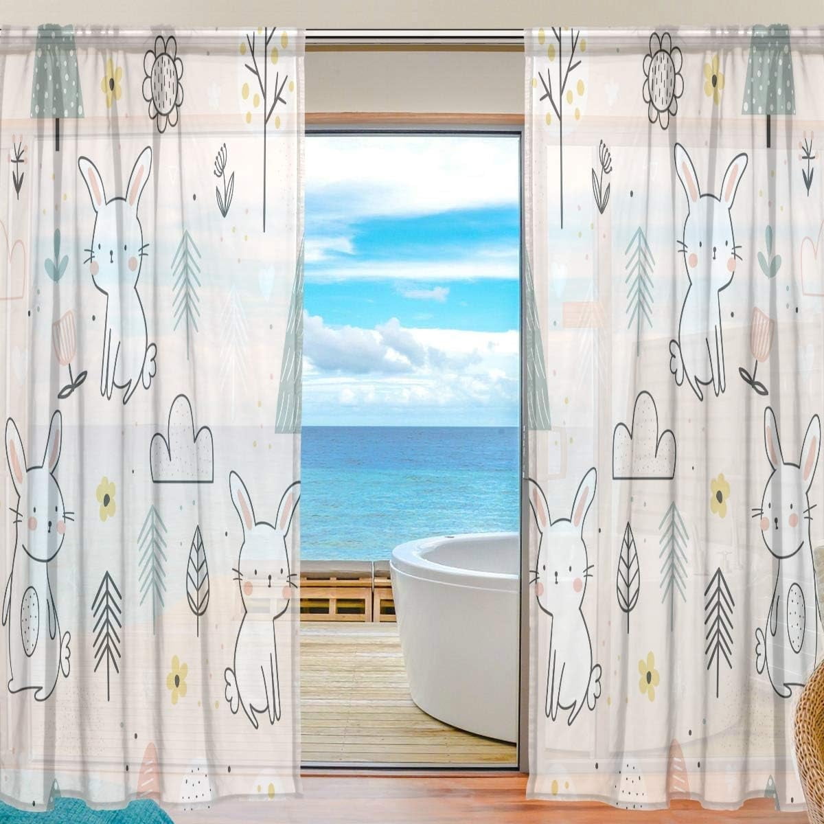 FREEAMG Forest Cute White Bunnies Rabbits Sheer Curtains Window Voile ...