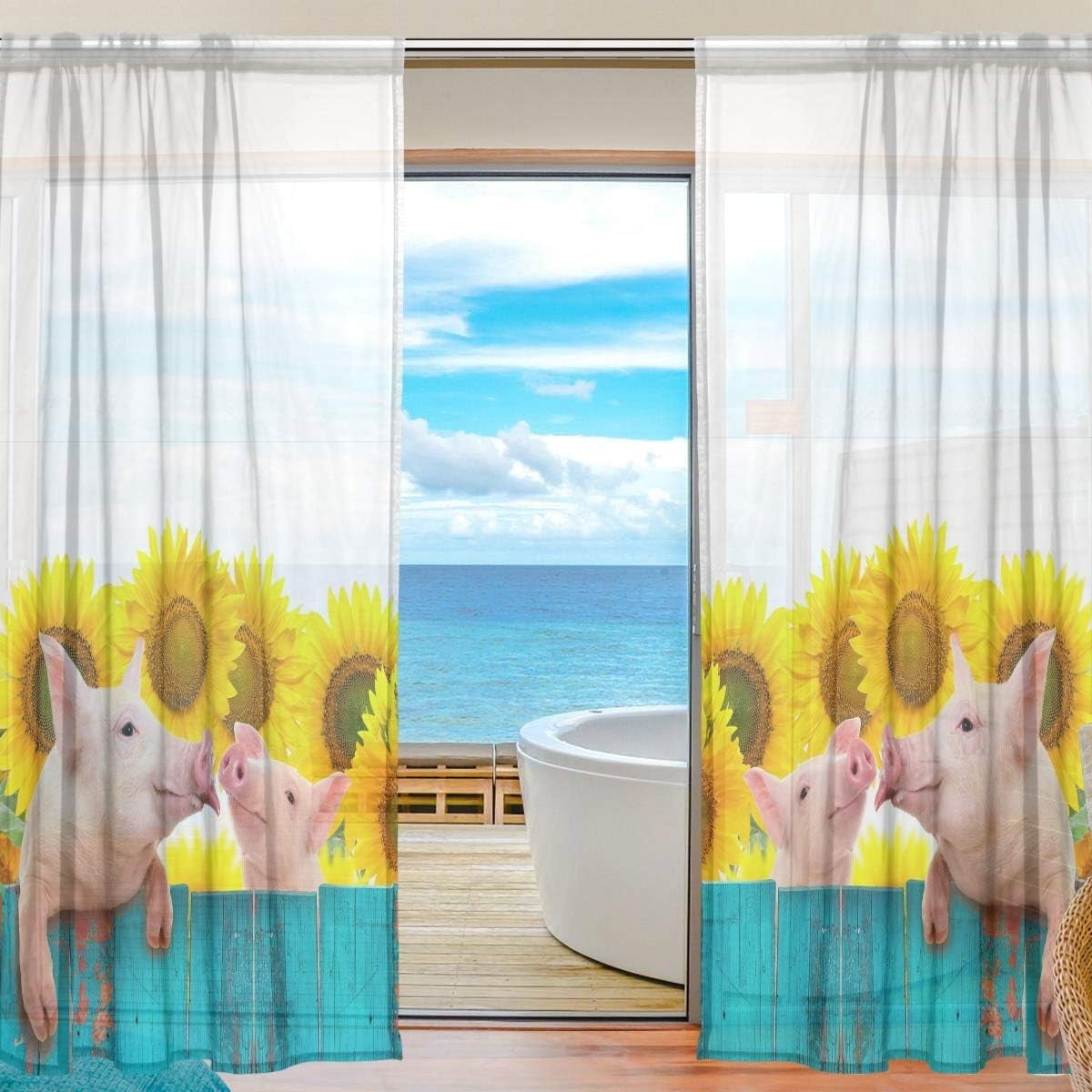 FREEAMG Funny Pig Hanging On Fence Sunflower Sheer Curtains Window ...