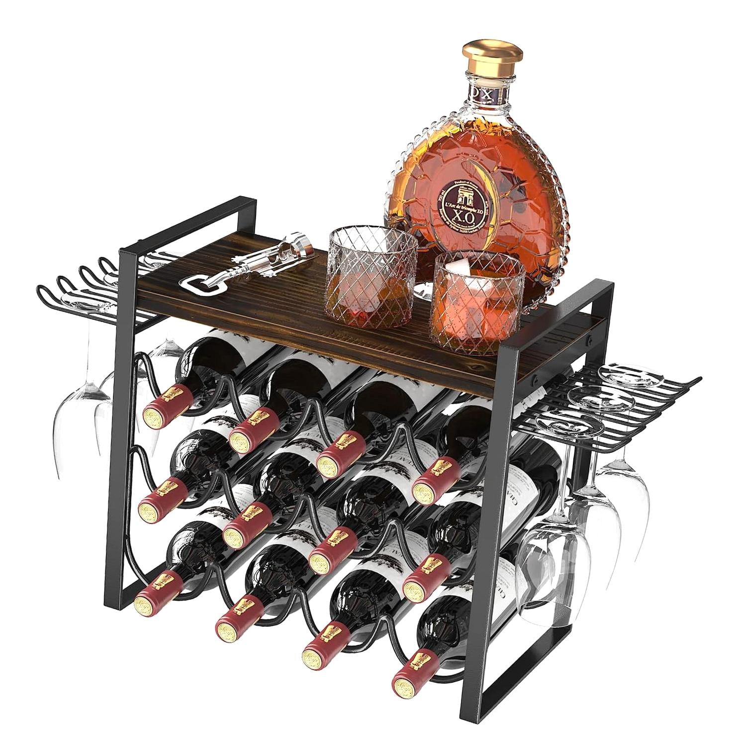 FREEAMG Glass and Bottle Holder, Countertop Metal Rack with Wooden Tray ...