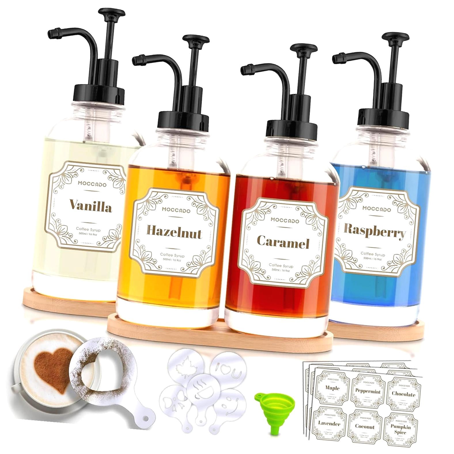 FREEAMG Glass Coffee Syrup Dispenser Set for Coffee Bar - 4 Silver 500 ...