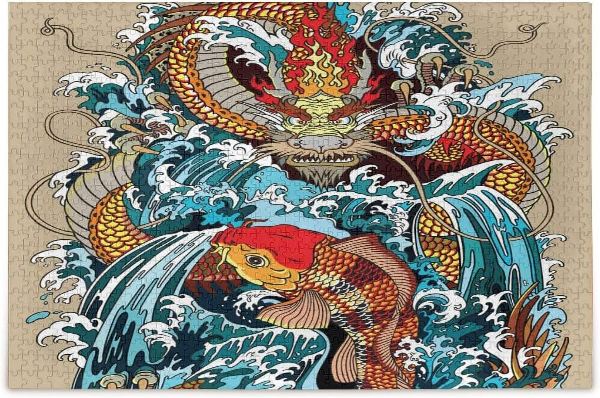 FREEAMG Golden Chinese Dragon Carp Koi Fish Waterfall Clear Blue Water ...