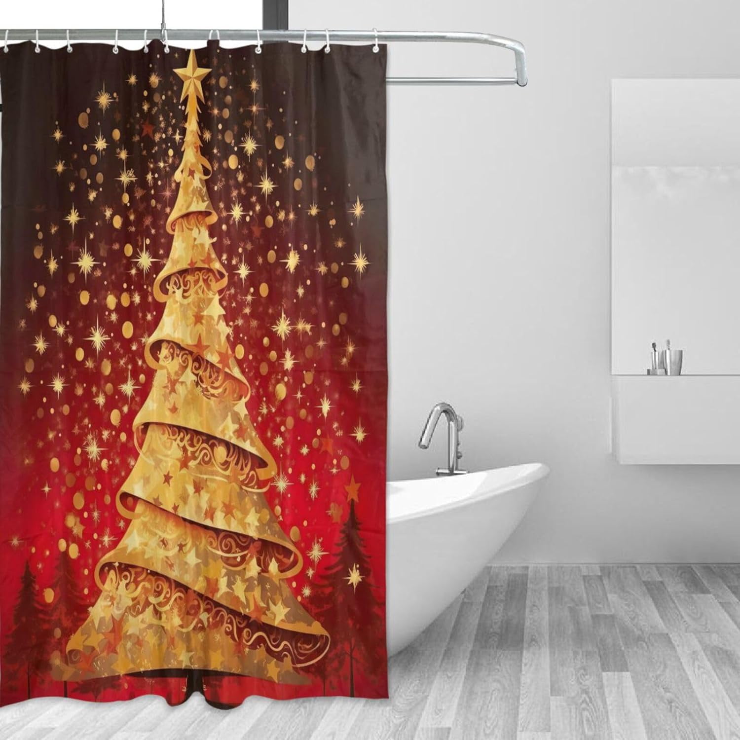 FREEAMG Golden Christmas Tree Shower Curtain, Waterproof Fabric Shower ...