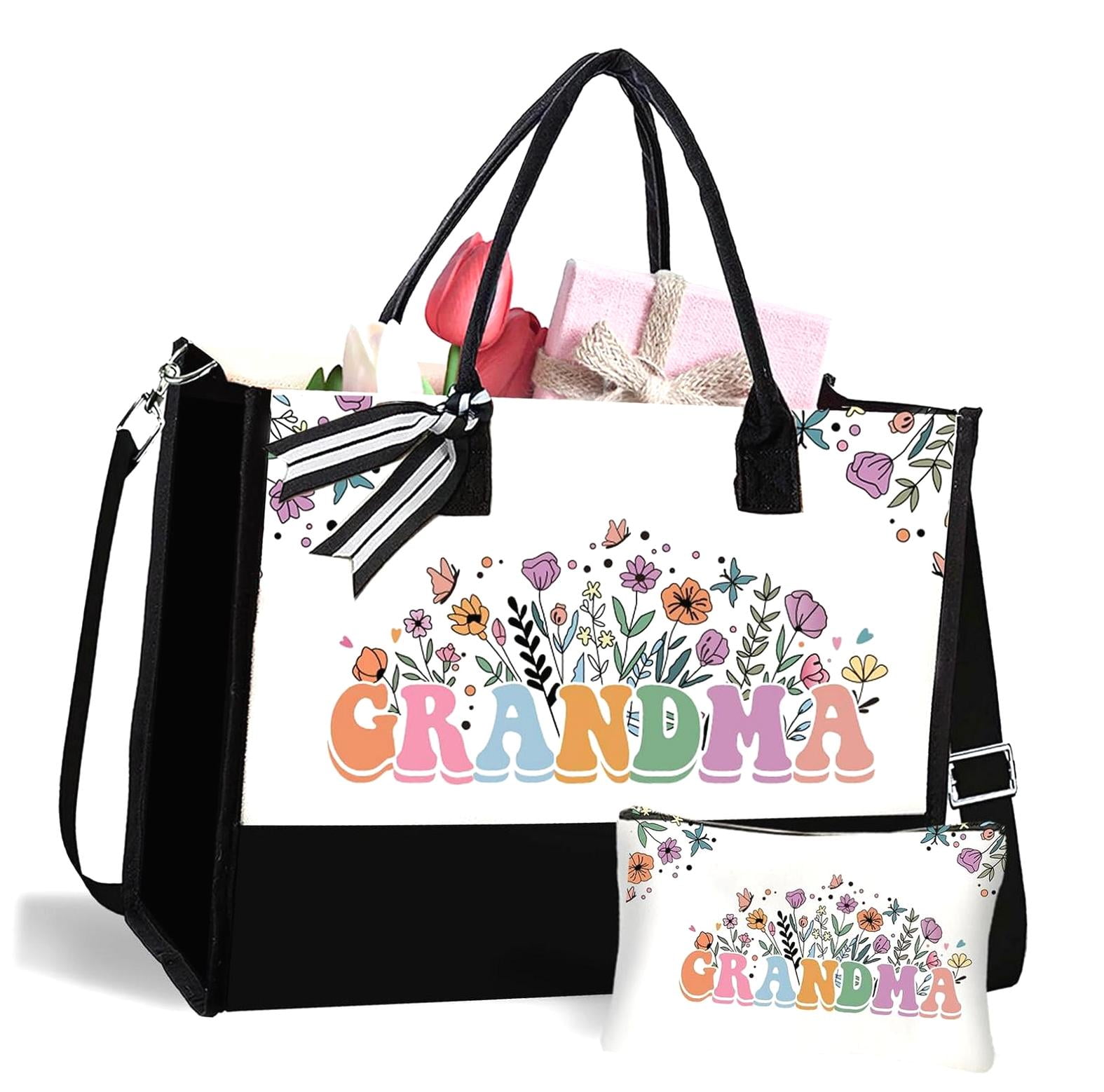 FREEAMG Grandma - Canvas Tote Bag with Makeup Bag for Mama Mimi, Thank You from Granddaughter ...