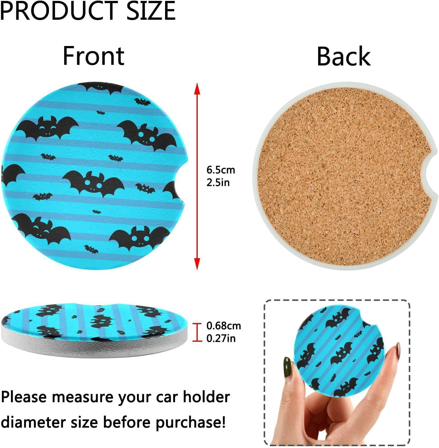 FREEAMG Halloween Bat Pattern Blue Car Coaster for Cup Holders,2 PCS ...