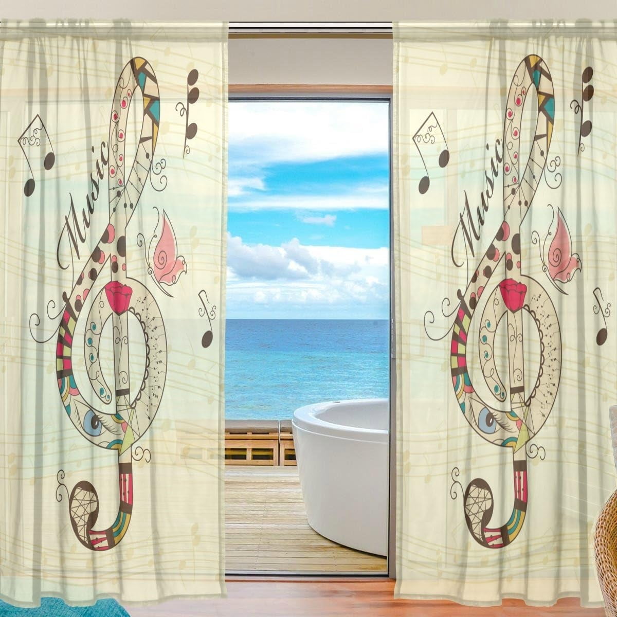 FREEAMG Hand Drawn Music Note Sheer Window Curtain Panel Drape 55x78 ...