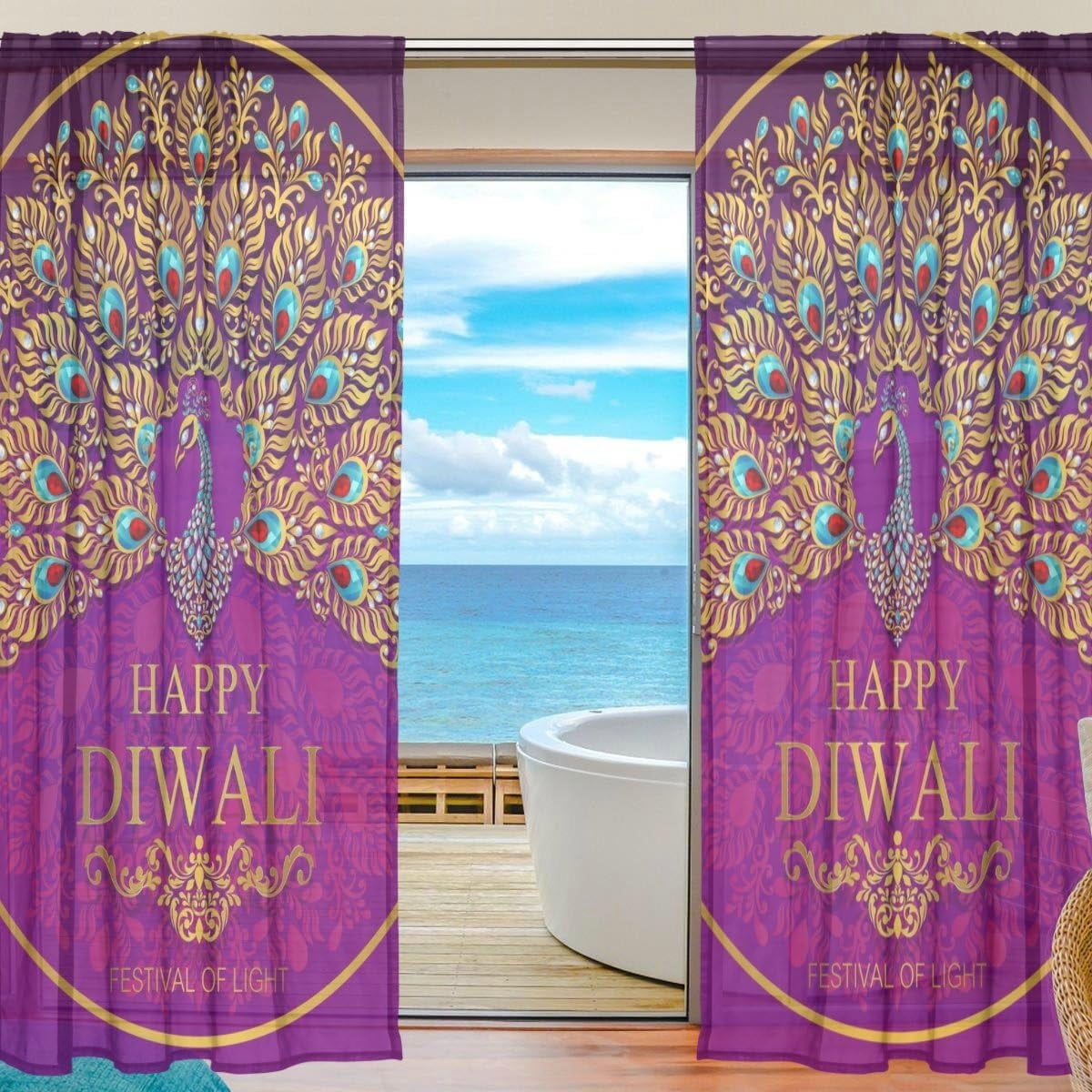 FREEAMG Happy Diwali Peacock Sheer Window Curtain Panel Drape 55x84 ...