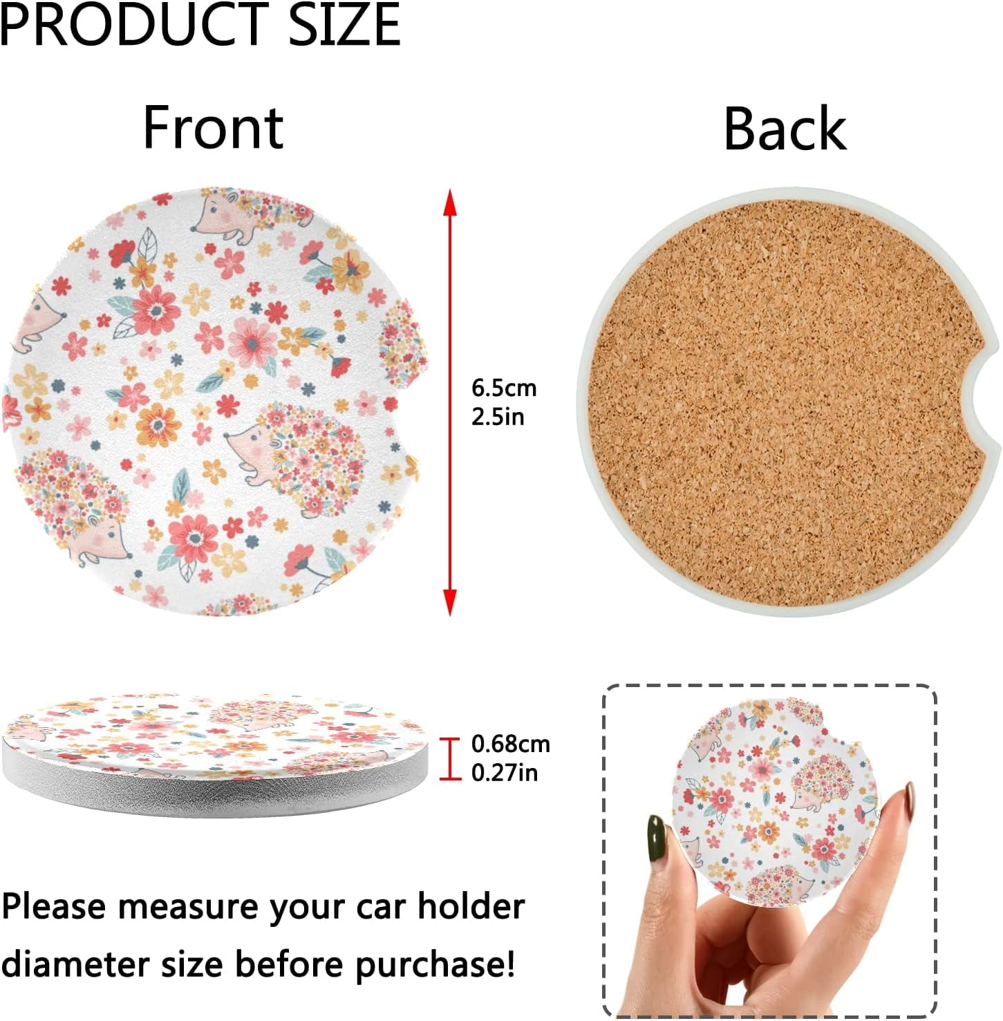 FREEAMG Hedgehog Flower Car Coasters 2 Pieces, Absorbent Ceramic Cork ...