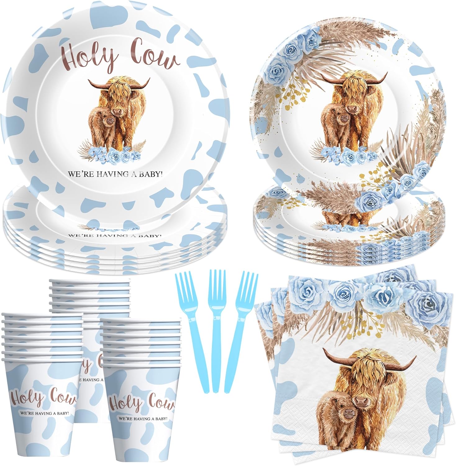 FREEAMG Highland Cow Baby Shower Decorations Tableware - Blue Boho ...