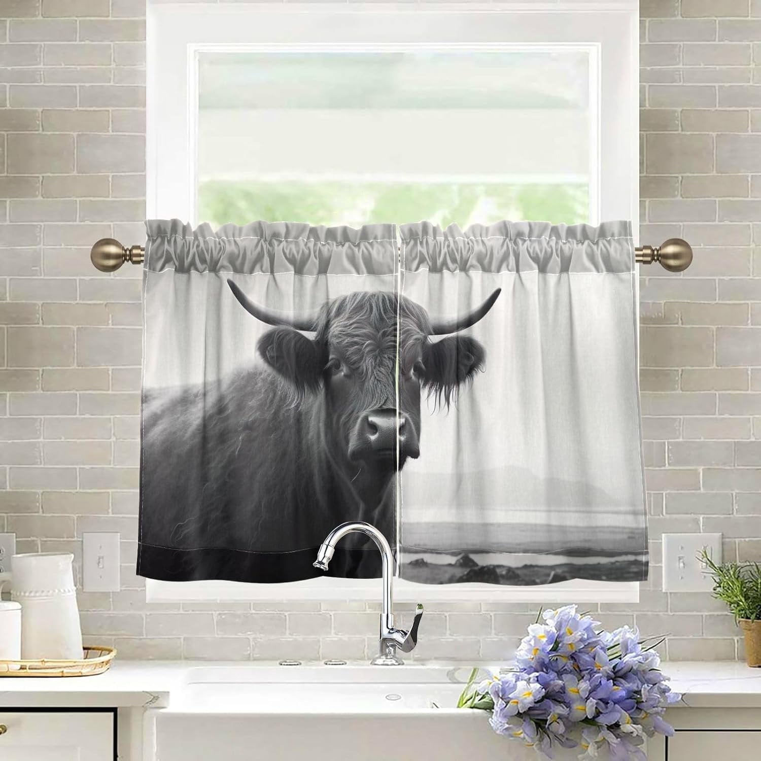 FREEAMG Highland Cow Half Window Tier Curtains 24 Inch Blackout Thermal ...