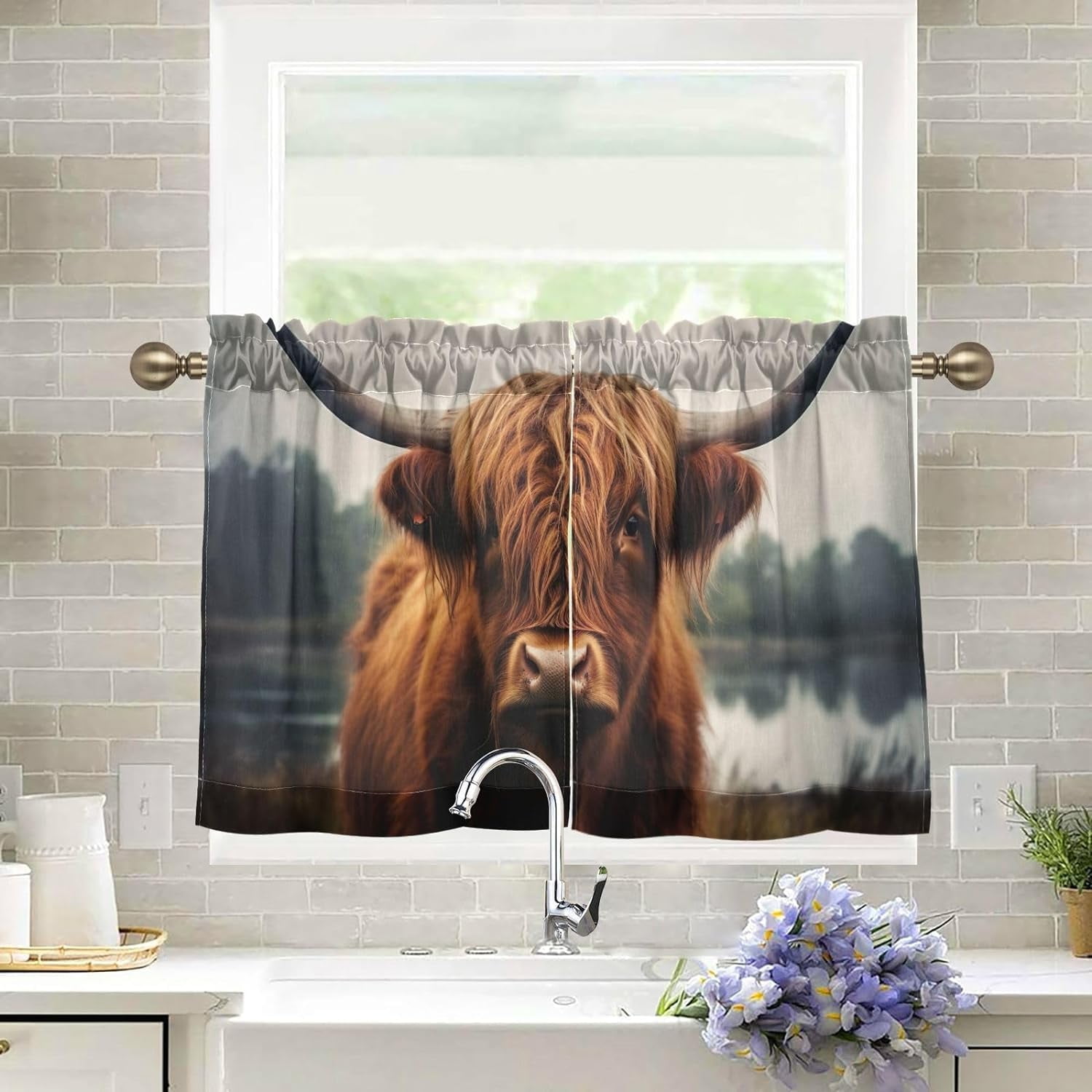 FREEAMG Highland Cow Half Window Tier Curtains 24 Inch Blackout Thermal ...