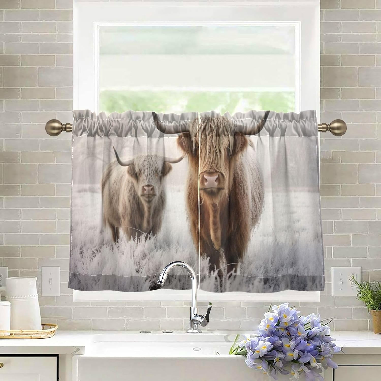 FREEAMG Highland Cow Half Window Tier Curtains 24 Inch Blackout Thermal ...