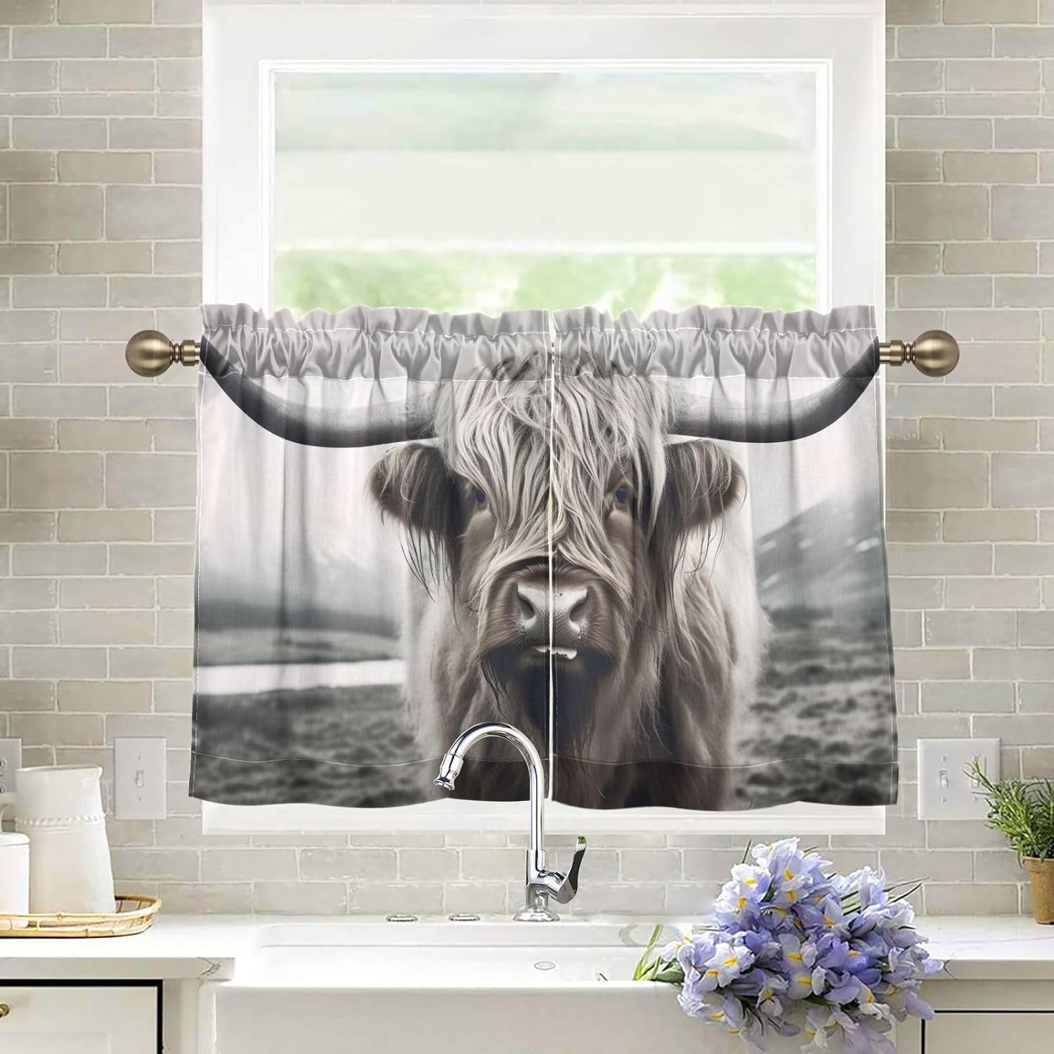 FREEAMG Highland Cow Half Window Tier Curtains 36 Inch Blackout Thermal ...