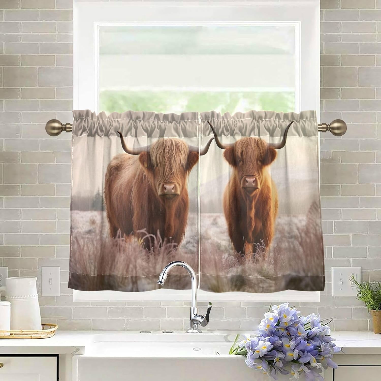 FREEAMG Highland Cow Half Window Tier Curtains 36 Inch Blackout Thermal ...