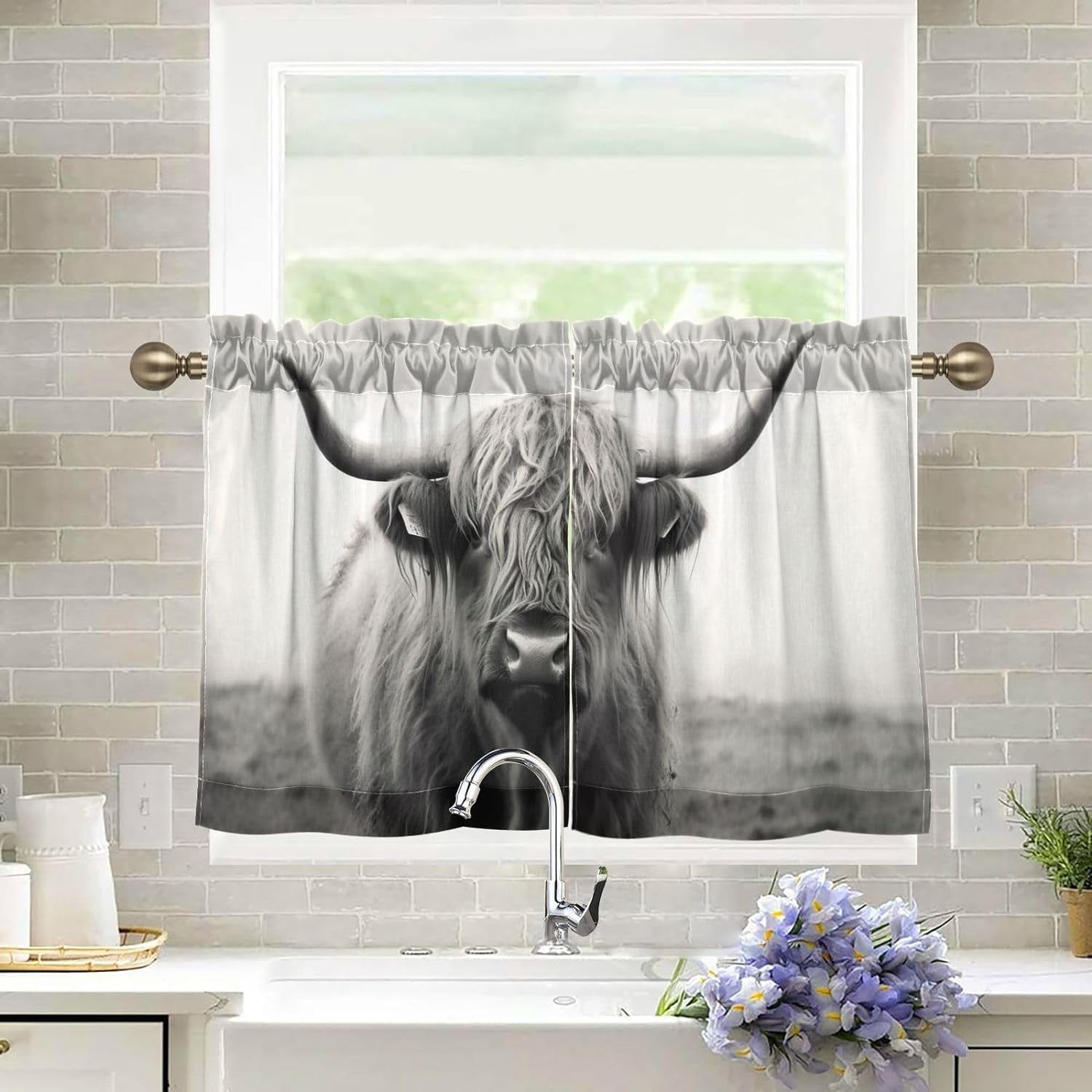 FREEAMG Highland Cow Half Window Tier Curtains 36 Inch Blackout Thermal ...