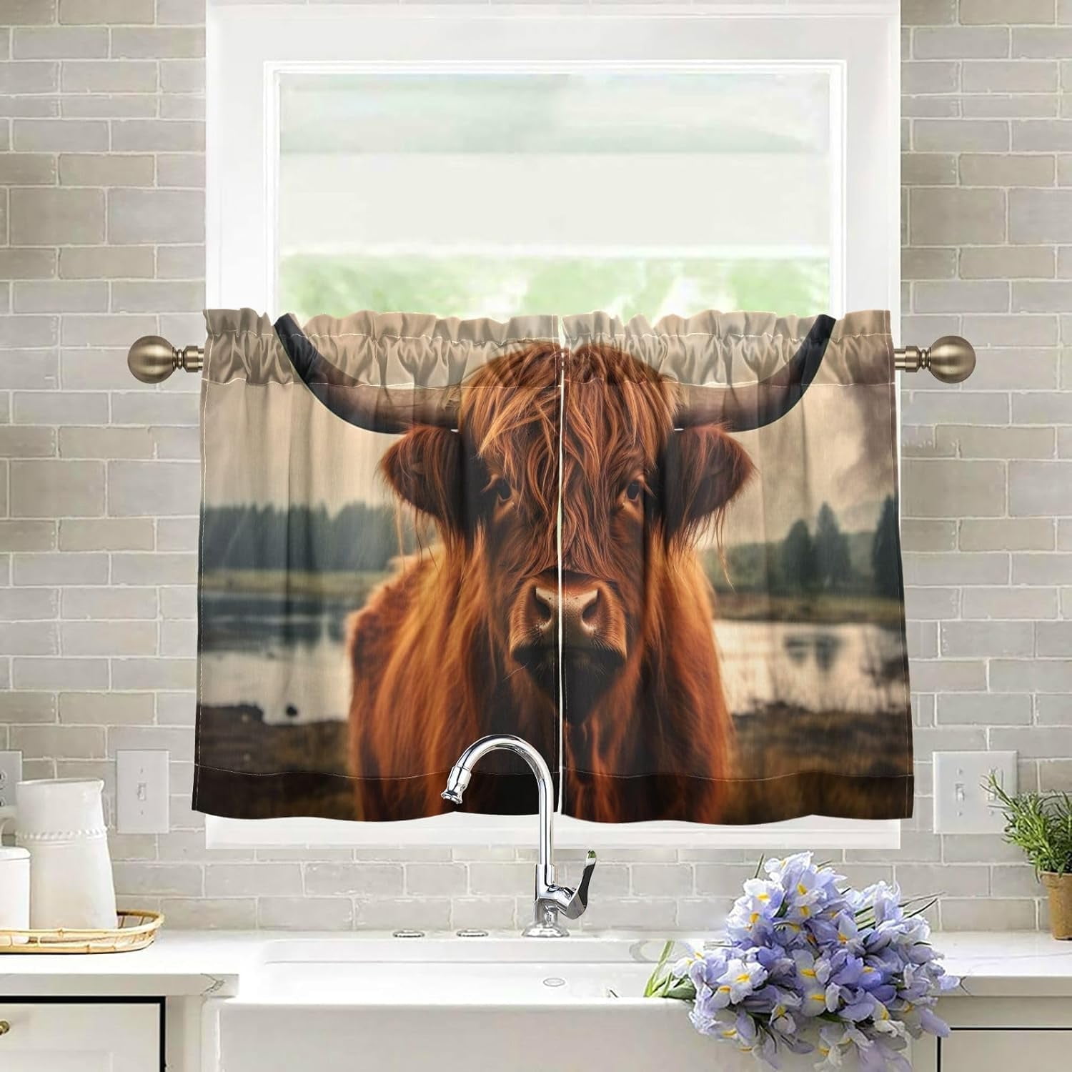 FREEAMG Highland Cow Half Window Tier Curtains 36 Inch Blackout Thermal ...