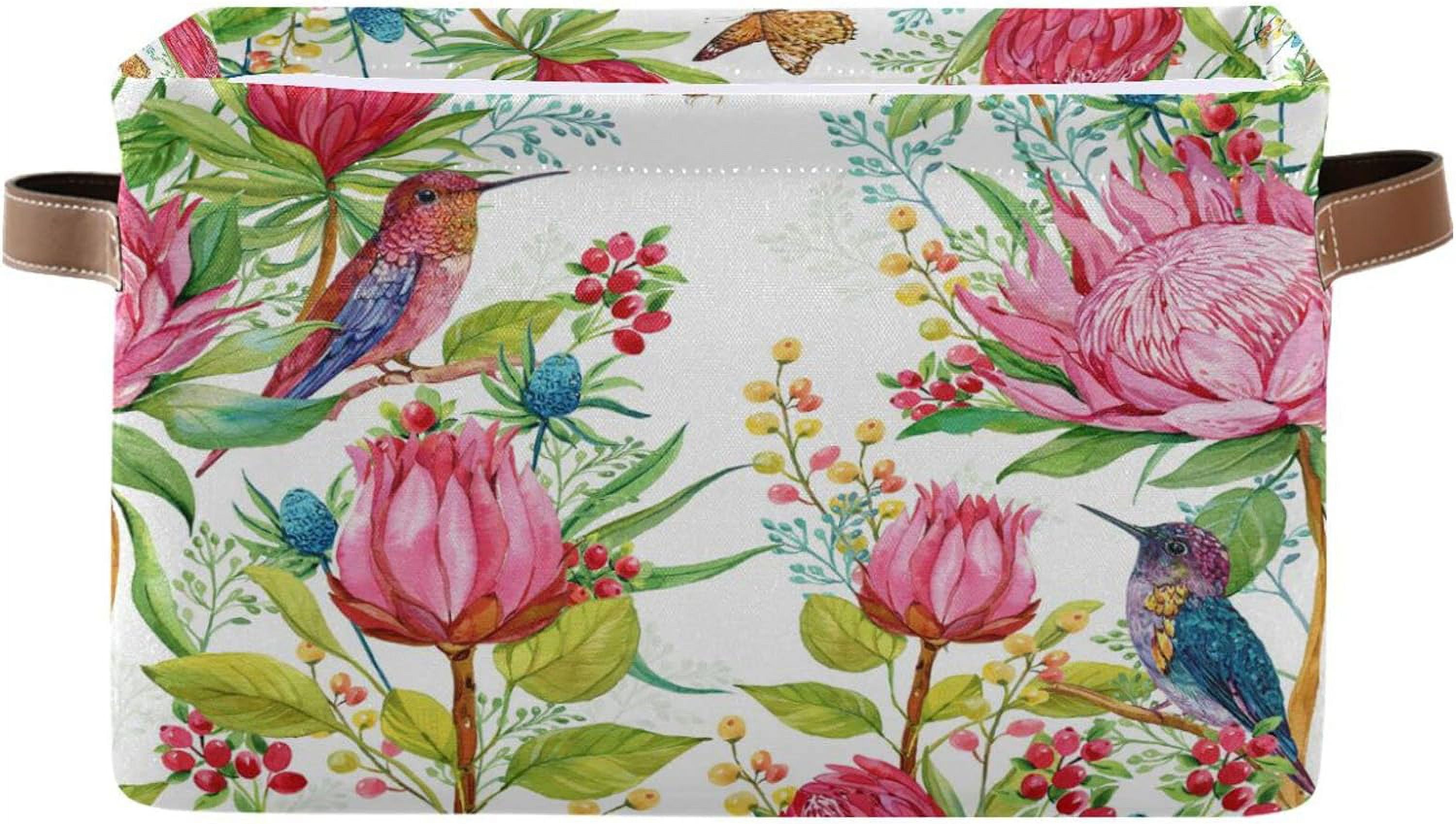 FREEAMG Hummingbird Garden Large Square Storage Basket Bin with Handles ...