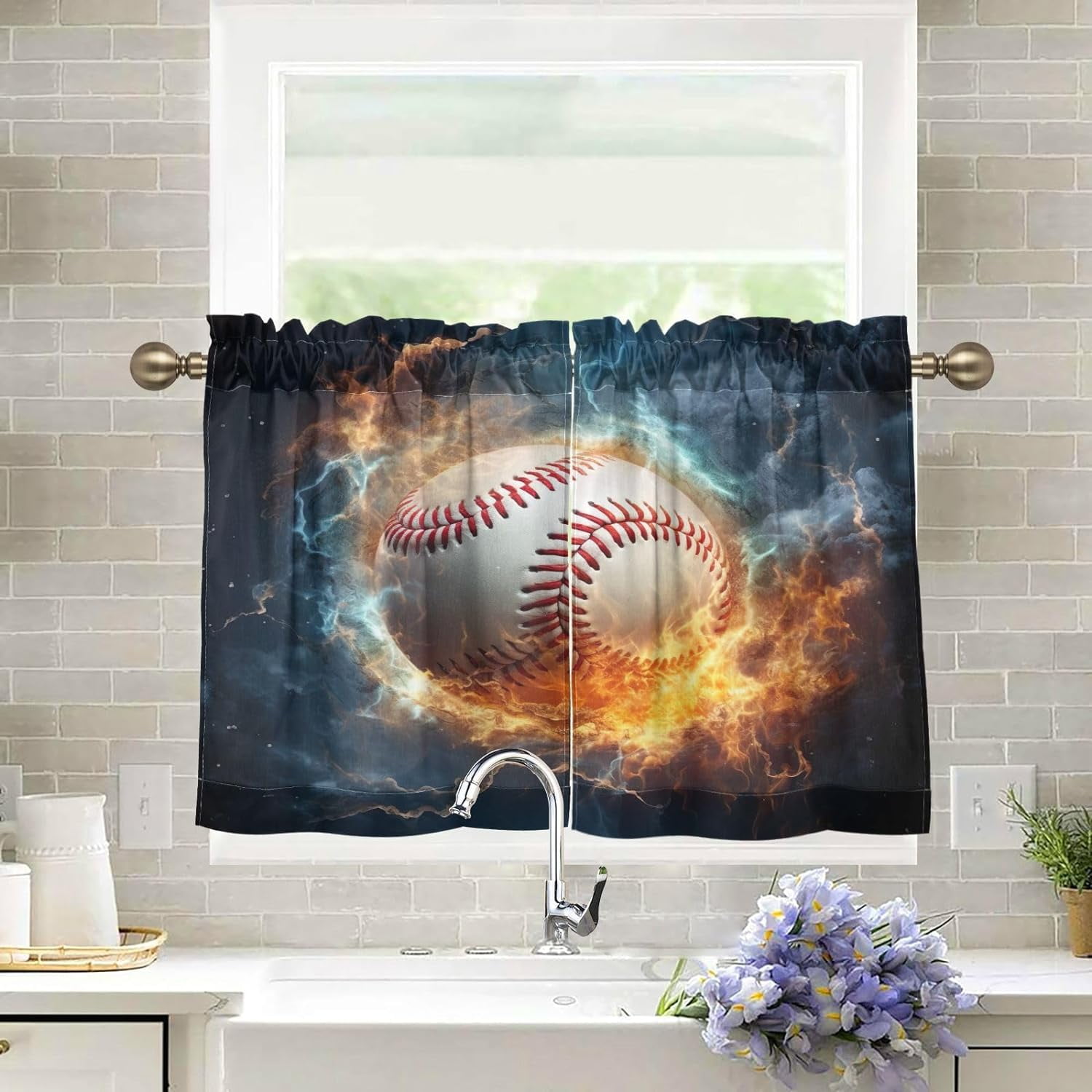 FREEAMG Ice Fire Baseball Half Window Tier Curtains 24 Inch Blackout ...