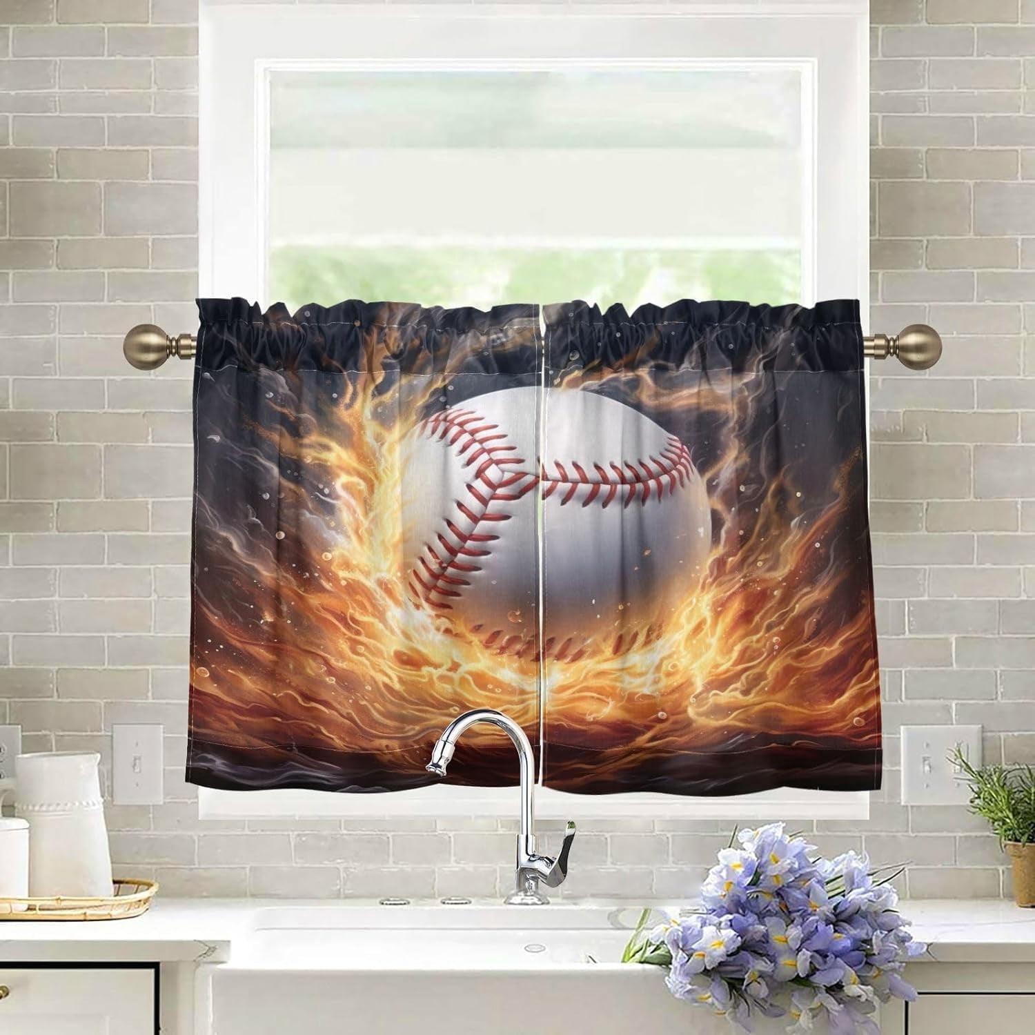 FREEAMG Ice Fire Baseball Half Window Tier Curtains 24 Inch Blackout ...