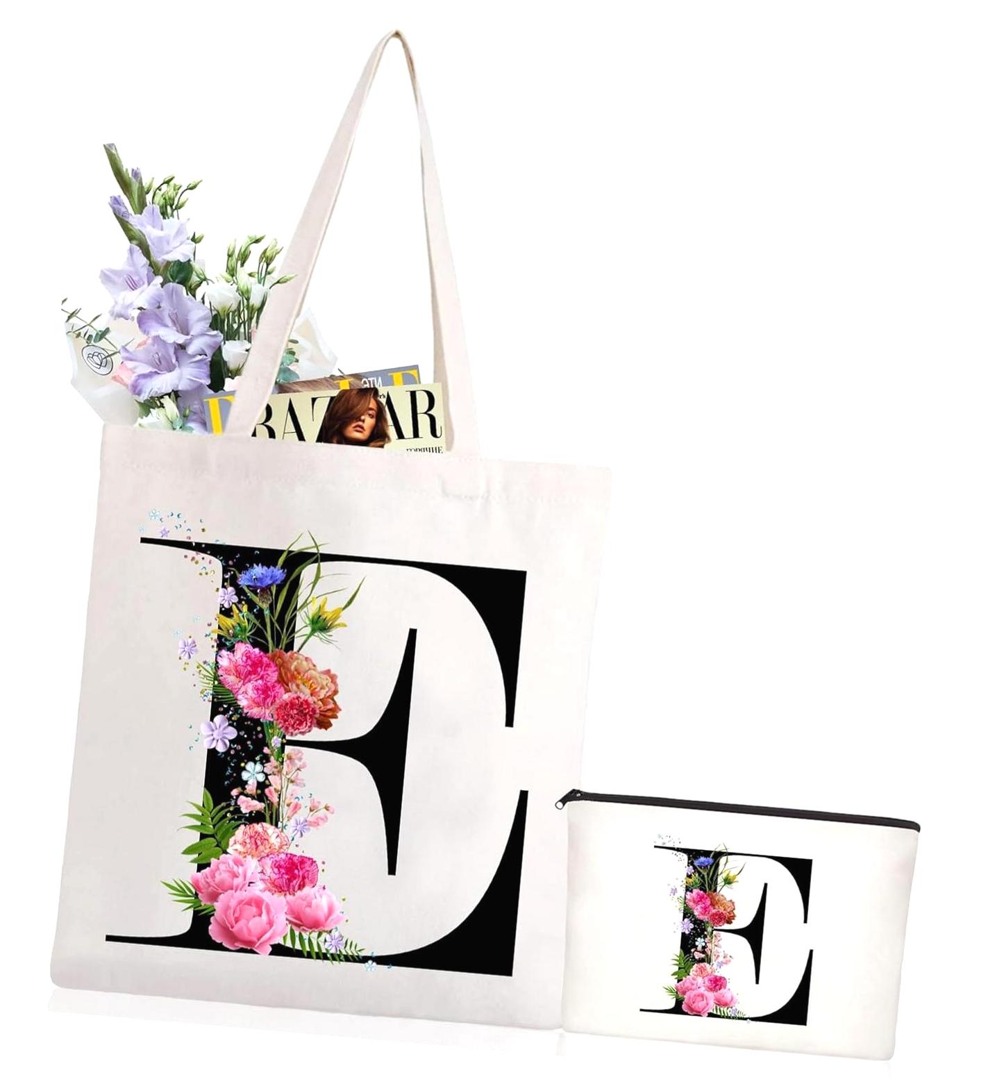 FREEAMG Initial Canvas Tote Bag Floral Letter Makeup Bag Monogrammed ...