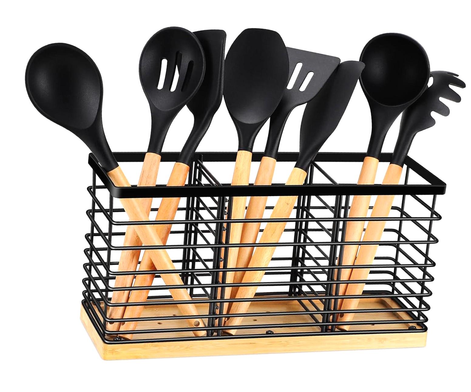 FREEAMG Kitchen Utensil Organizer - Matte Black with Wooden Base ...