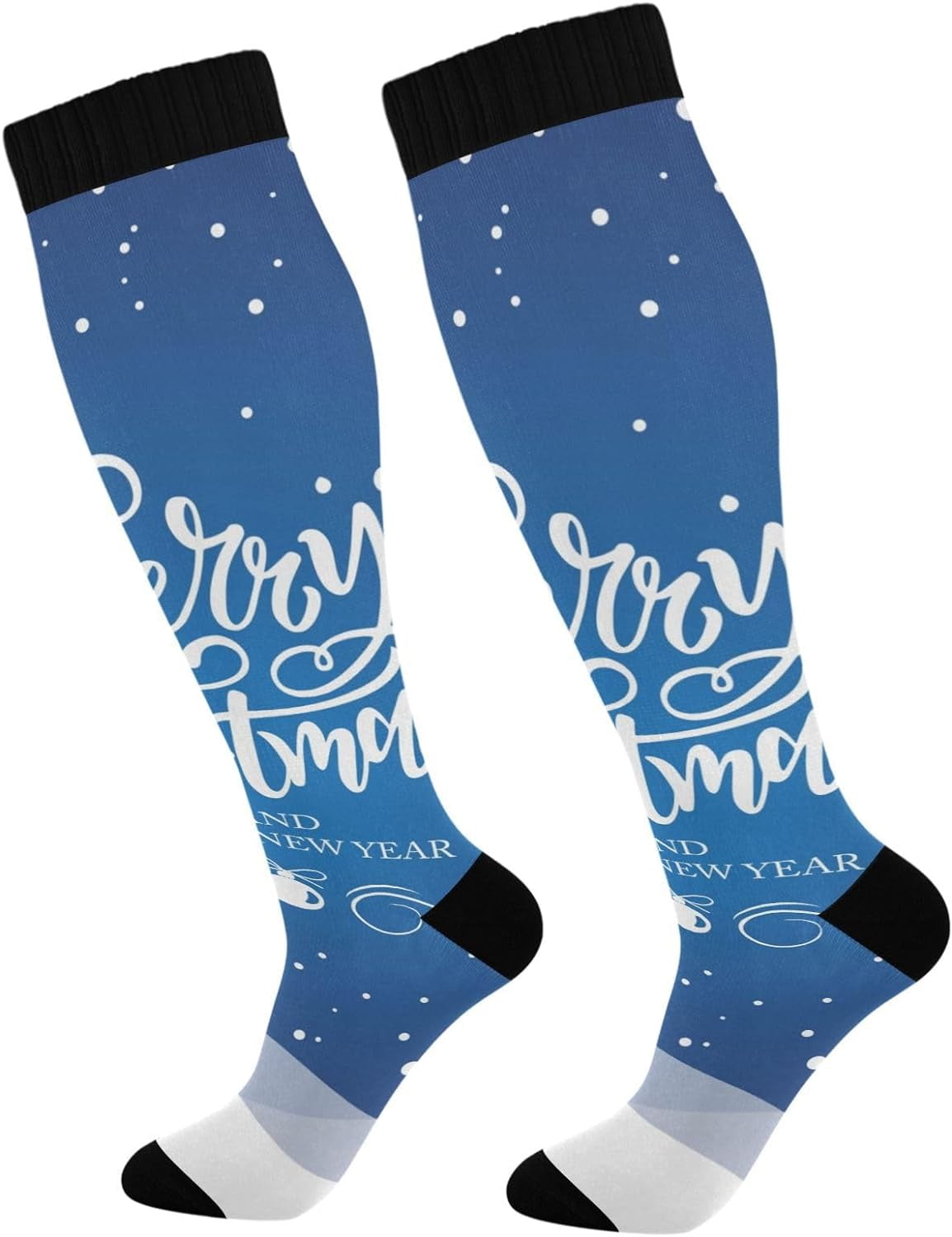 FREEAMG Knee High Socks Christmas Snow Blue Compression Warm Stockings ...