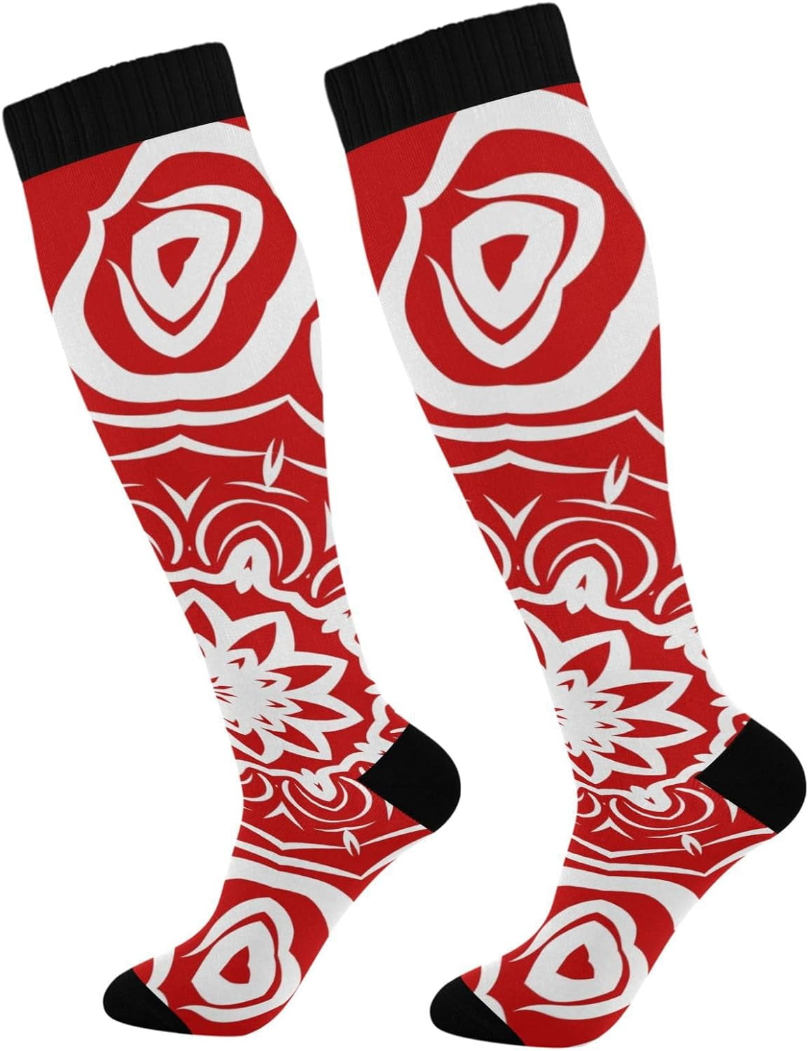 FREEAMG Knee High Socks Floral Christmas Mandala Red Compression Warm ...