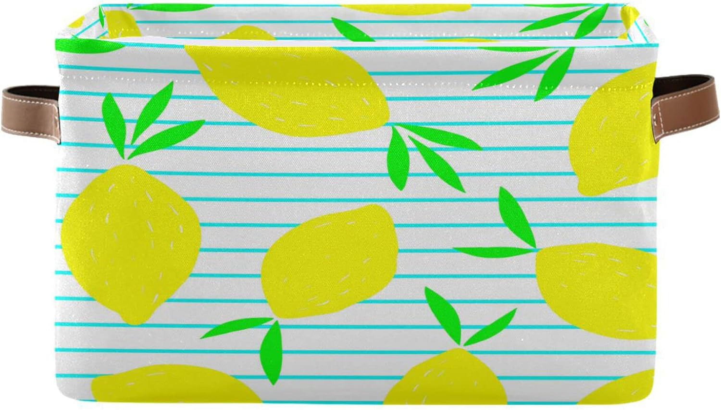 FREEAMG Lemon Stripe Large Square Storage Basket Bin with Handles 1PCS ...