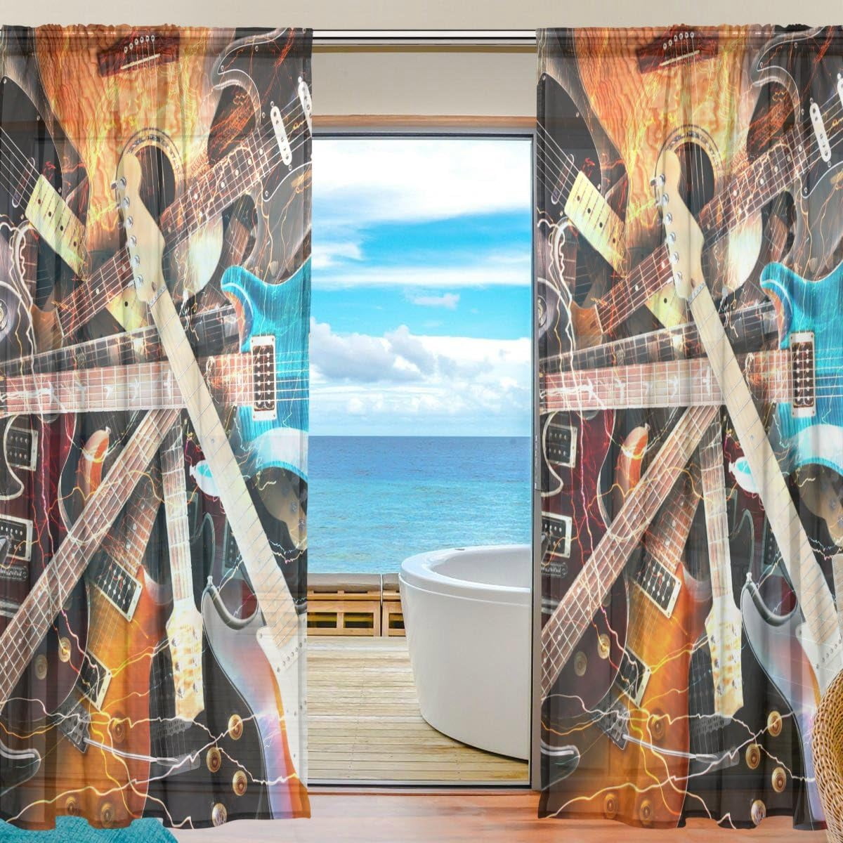 FREEAMG Lightnings Electric Guitar Sheer Window Curtain Panel Drape ...