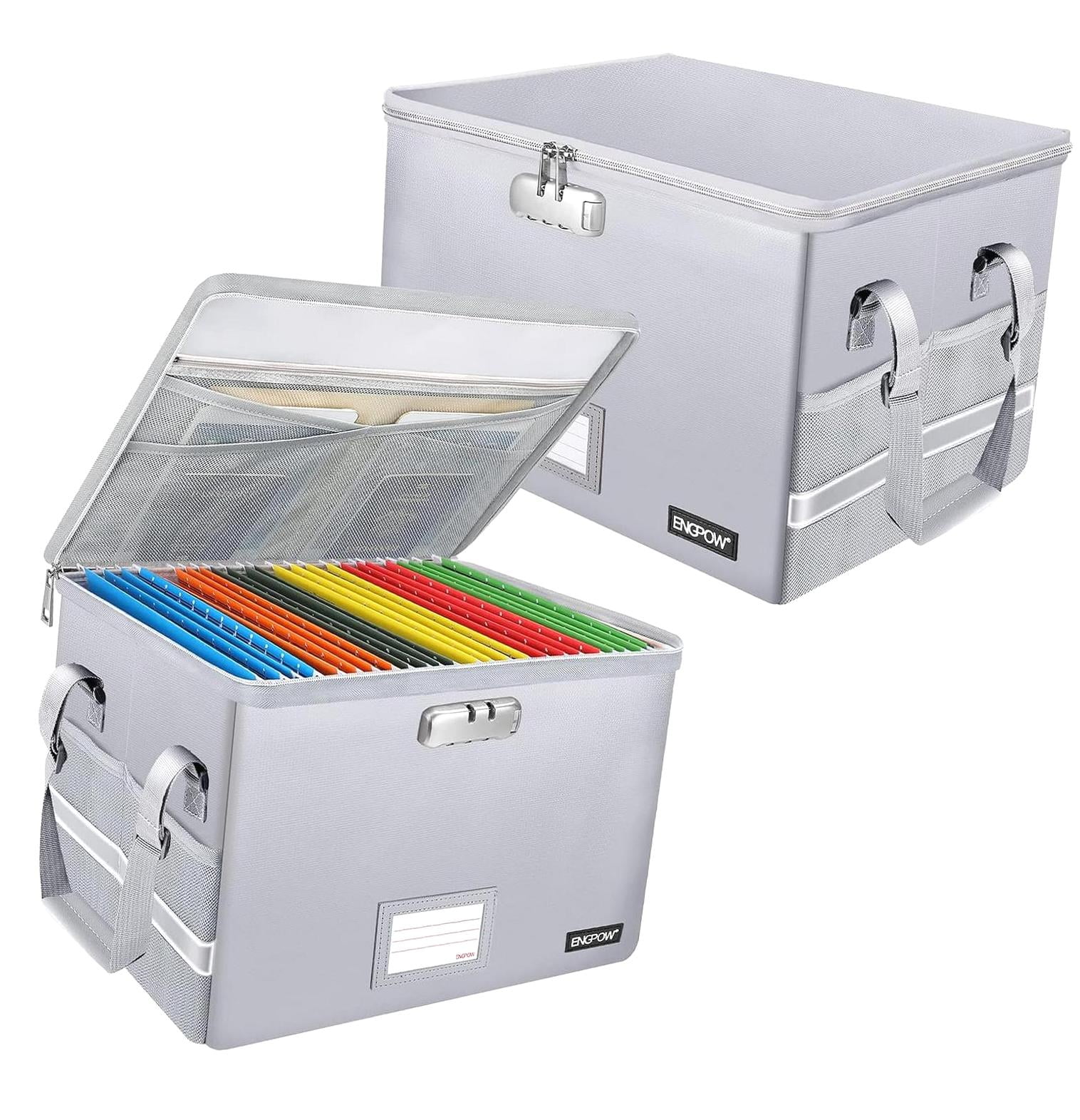 FREEAMG Lockable File Box, Fireproof Document Storage with Pockets, Foldable File Organizer ...