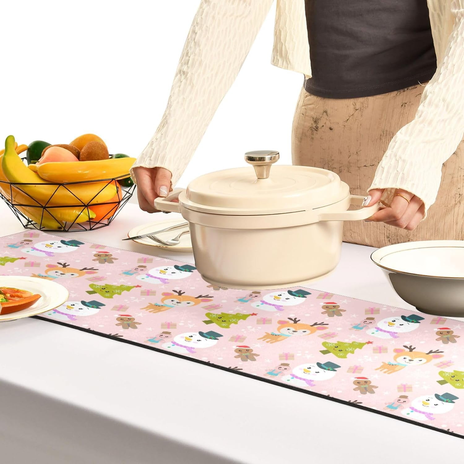 FREEAMG Long Trivet Heat Resistant Table Runner Cute Deer Snowman Non ...
