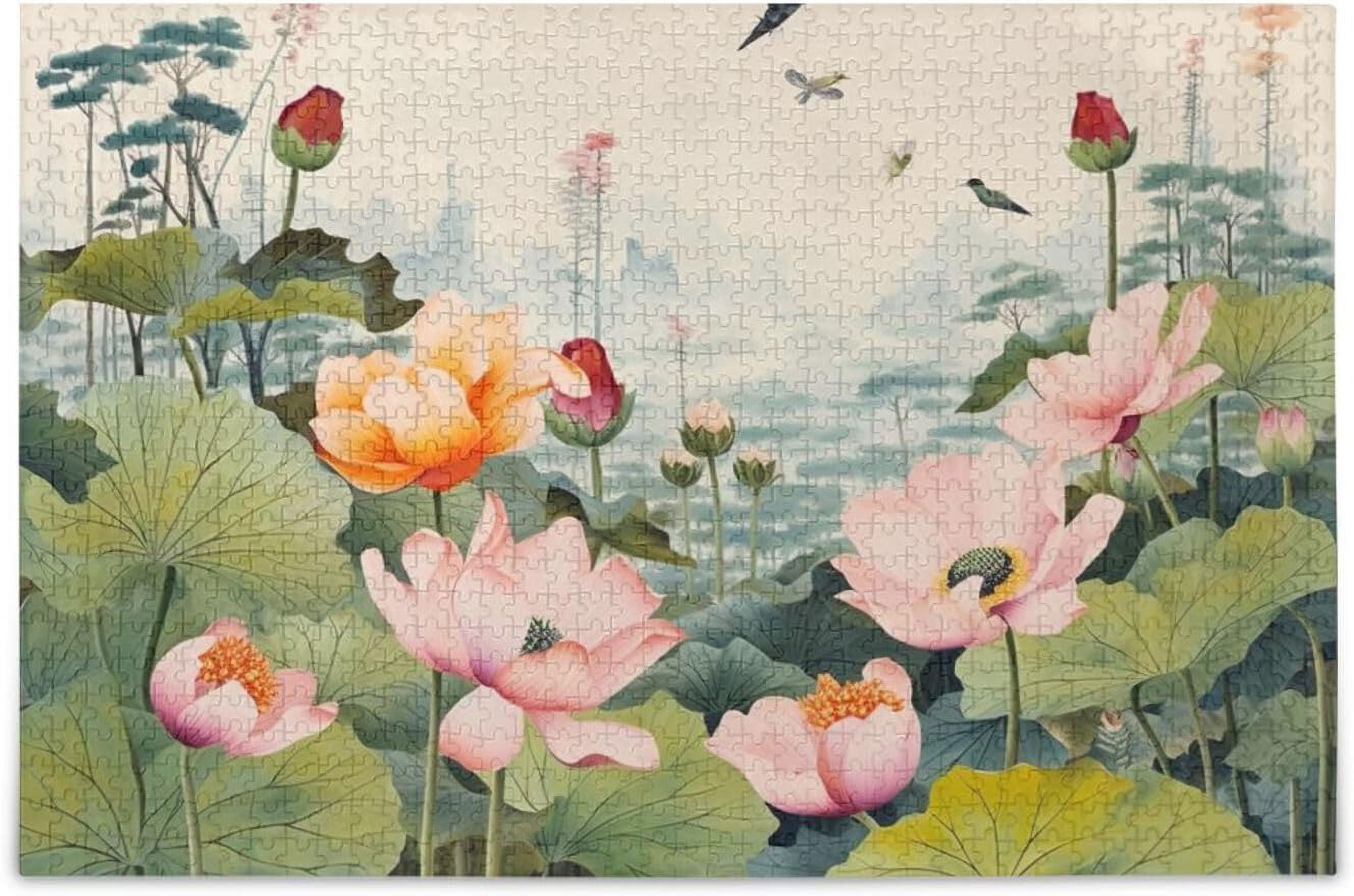 FREEAMG Lotus Flowers Garden Puzzle 500 Pieces - Wooden Jigsaw Puzzles ...