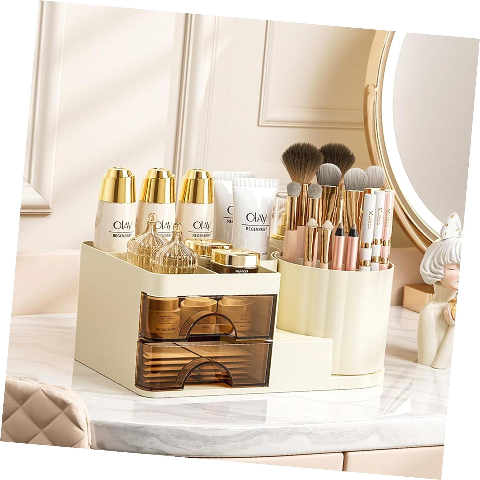 FREEAMG Makeup Organizer for Vanity with 2 Drawers, Rotating Countertop ...