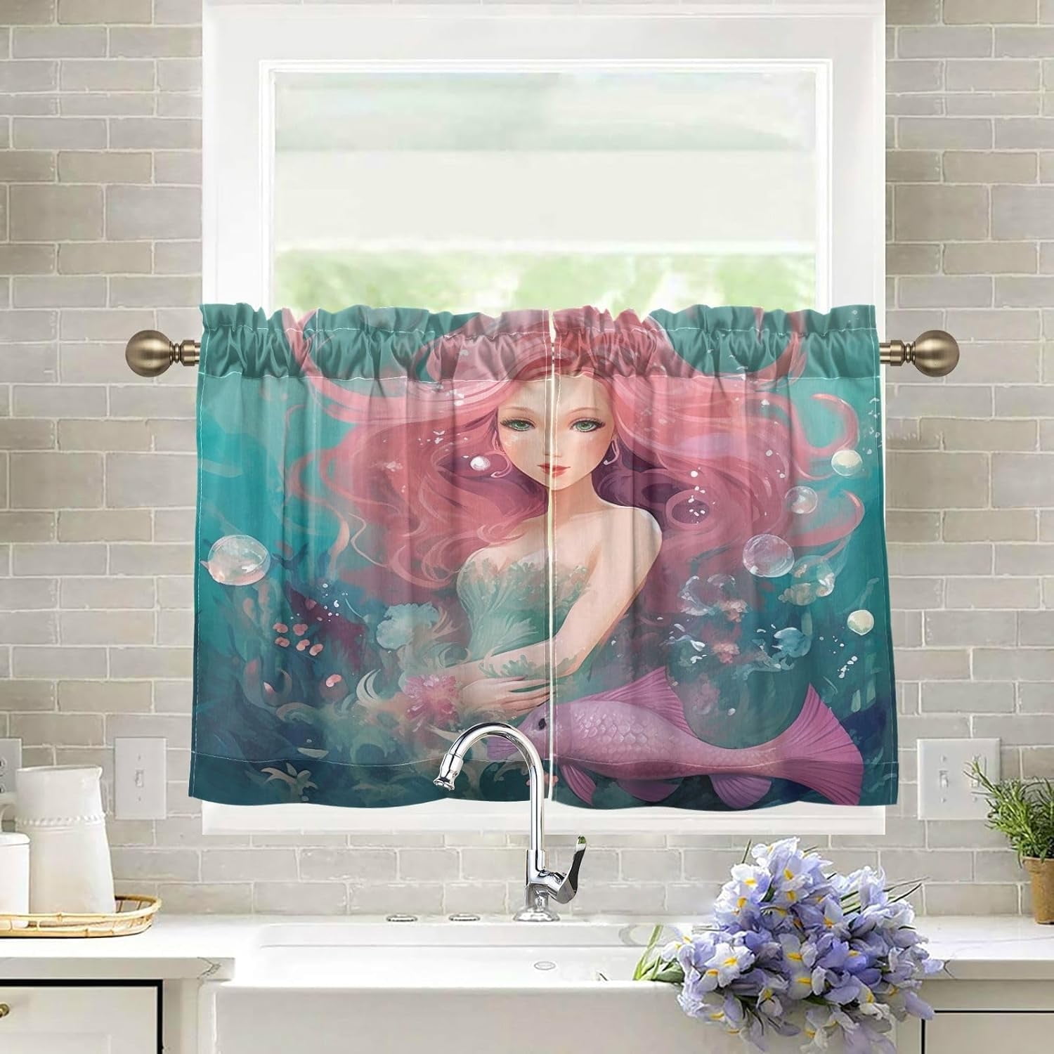 FREEAMG Mermaid Half Window Tier Curtains 36 Inch Blackout Thermal ...