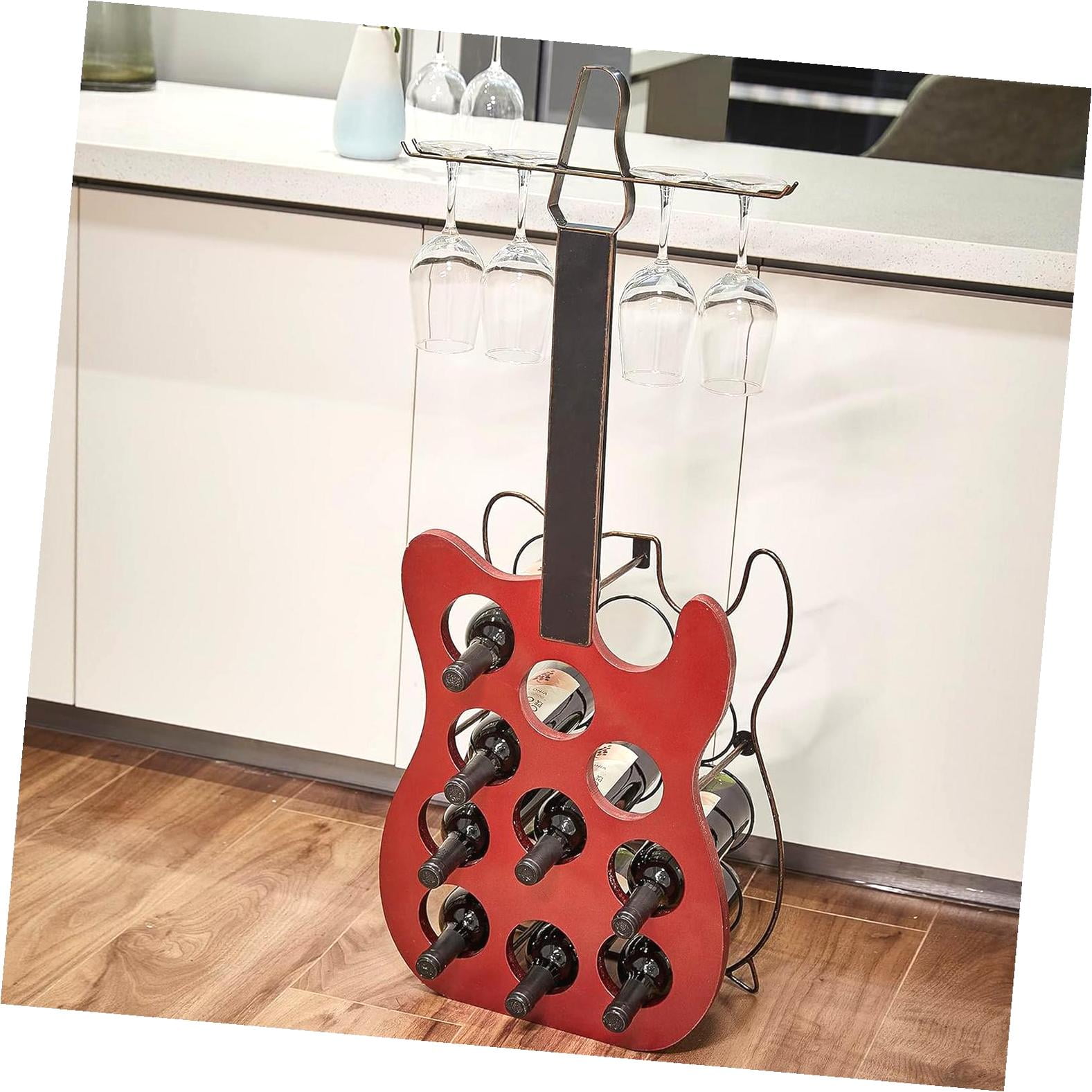 FREEAMG Metal and Wood Guitar Shaped 10 Bottle Rack - Vintage ...