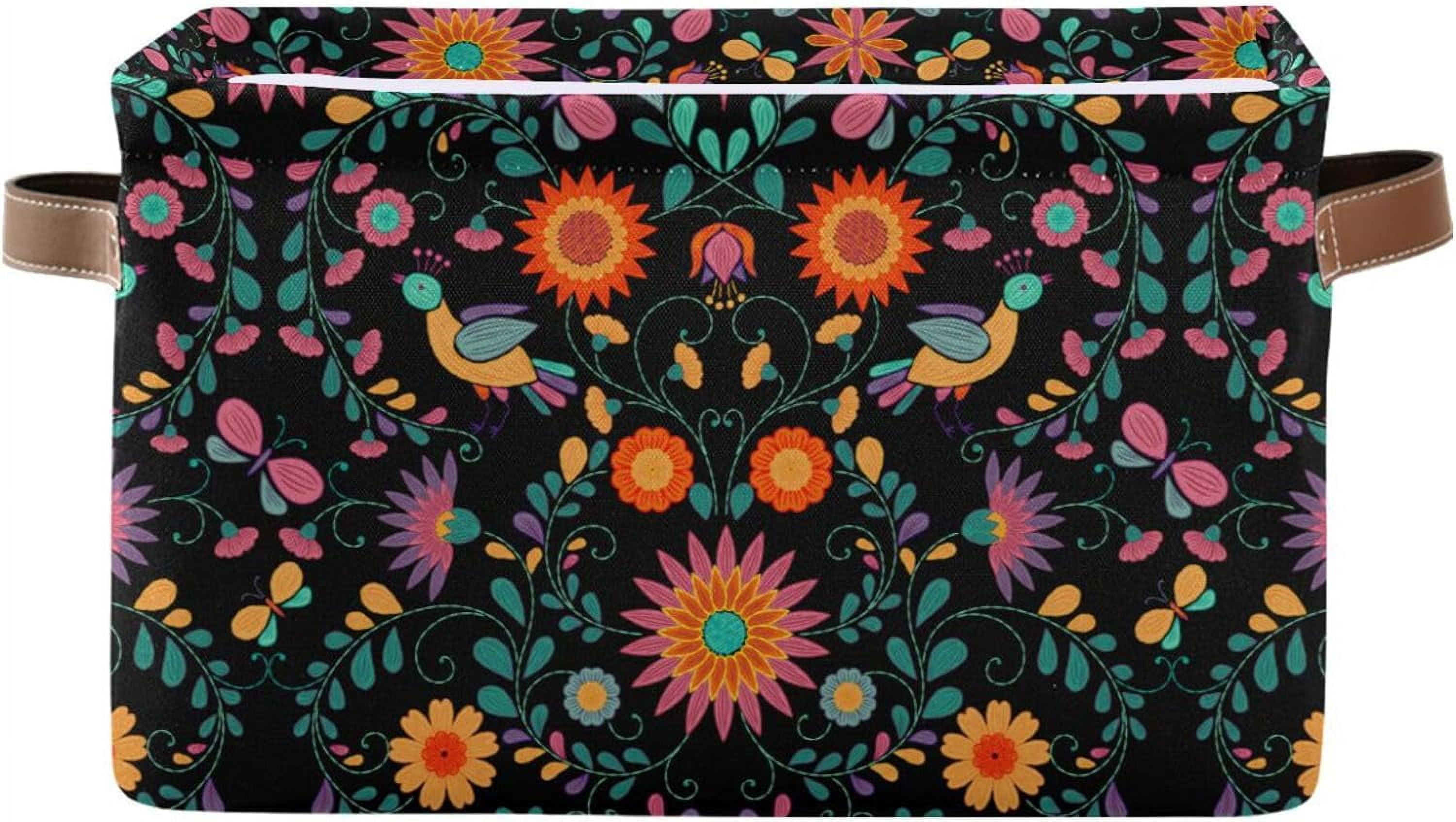 FREEAMG Mexican Floral Foldable Canvas Storage Bin, Sturdy Fabric ...