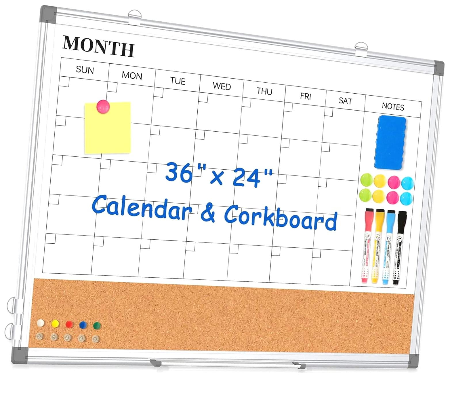 FREEAMG Monthly Calendar Whiteboard Cork Board Combo for Wall, 36" x 24 ...