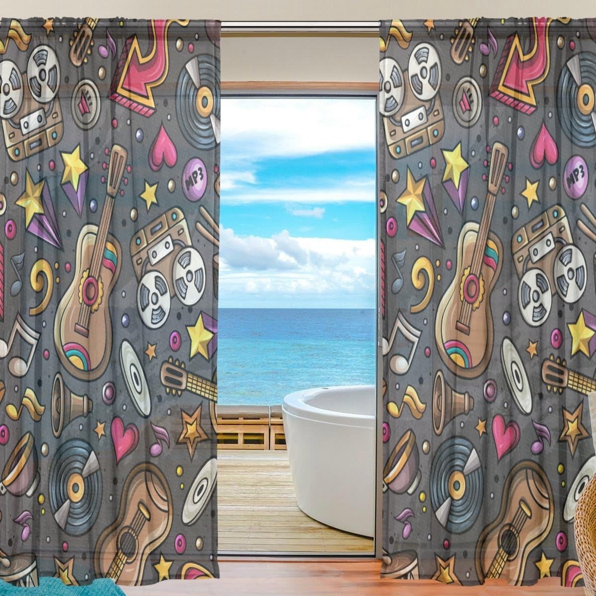 FREEAMG Music Theme Party Sheer Window Curtain Panel Drape 55x84 Inch ...