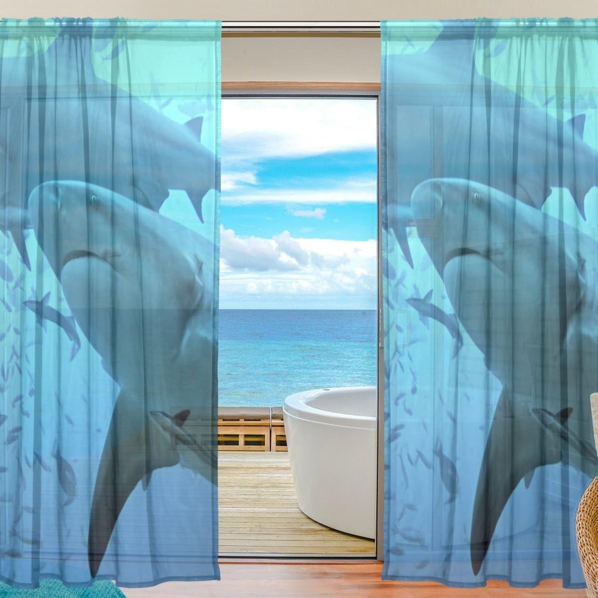 FREEAMG Ocean Sea Sharks Sheer Window Curtain Panel Drape 55x78 Inch ...