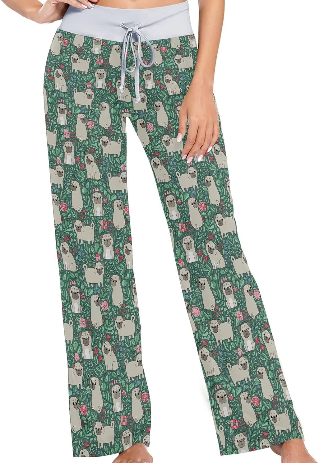FREEAMG Pajama Pants Cartoon Pug Dogs Green Leaves Comfy Drawstring ...