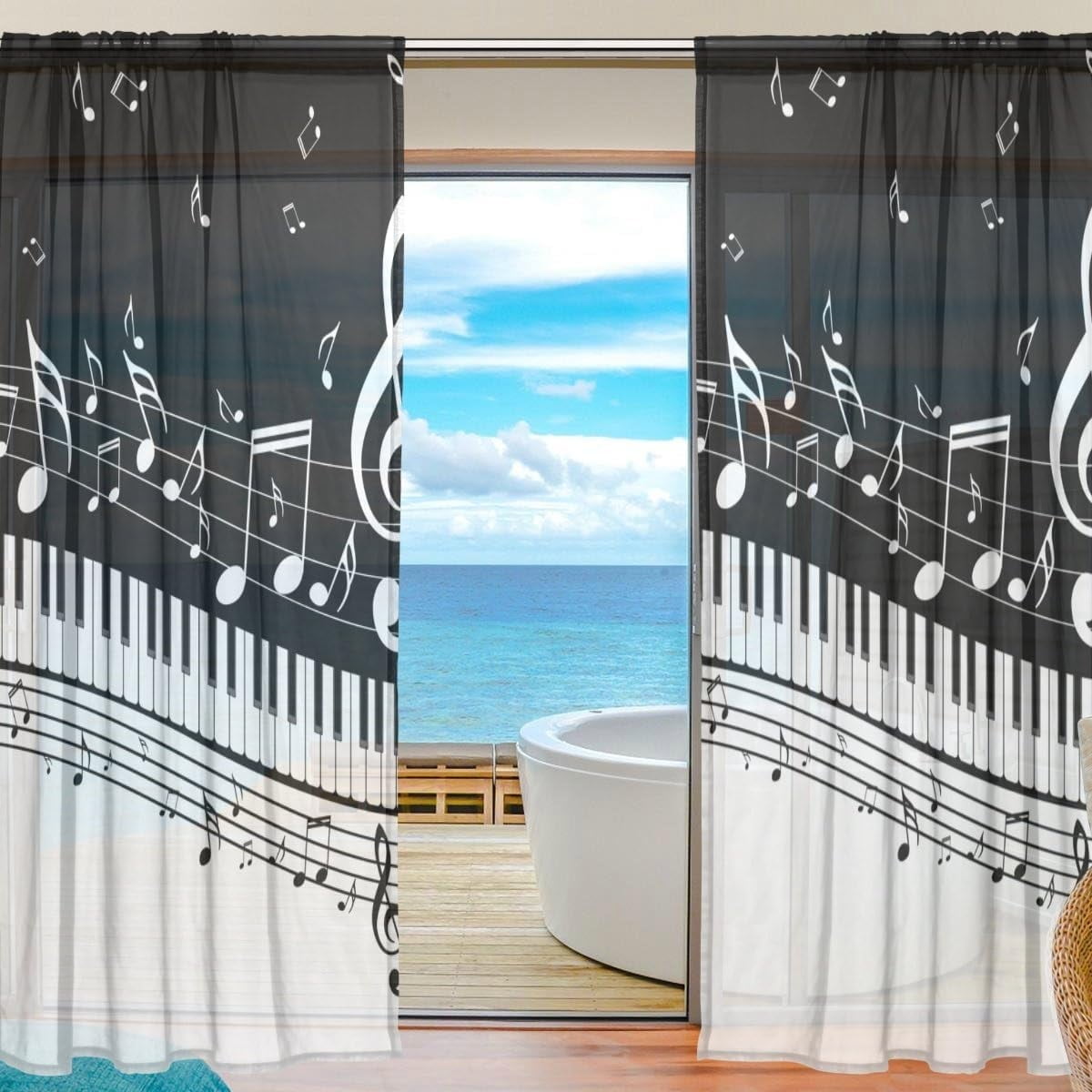 FREEAMG Piano Keys with Musical Notes Sheer Window Curtain Panel Drape ...